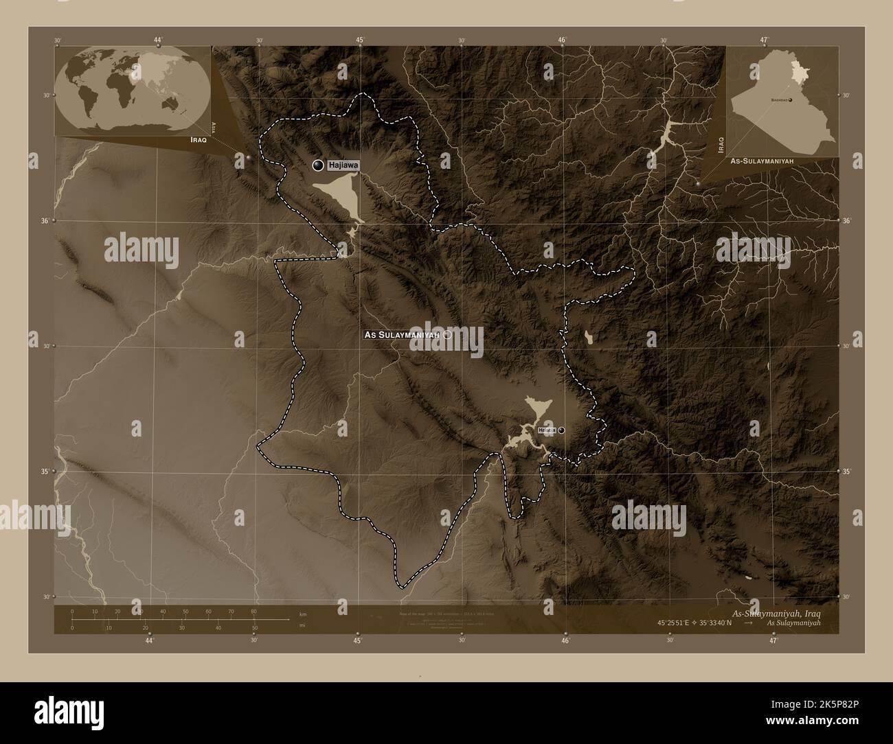 As-Sulaymaniyah, province of Iraq. Elevation map colored in sepia tones ...