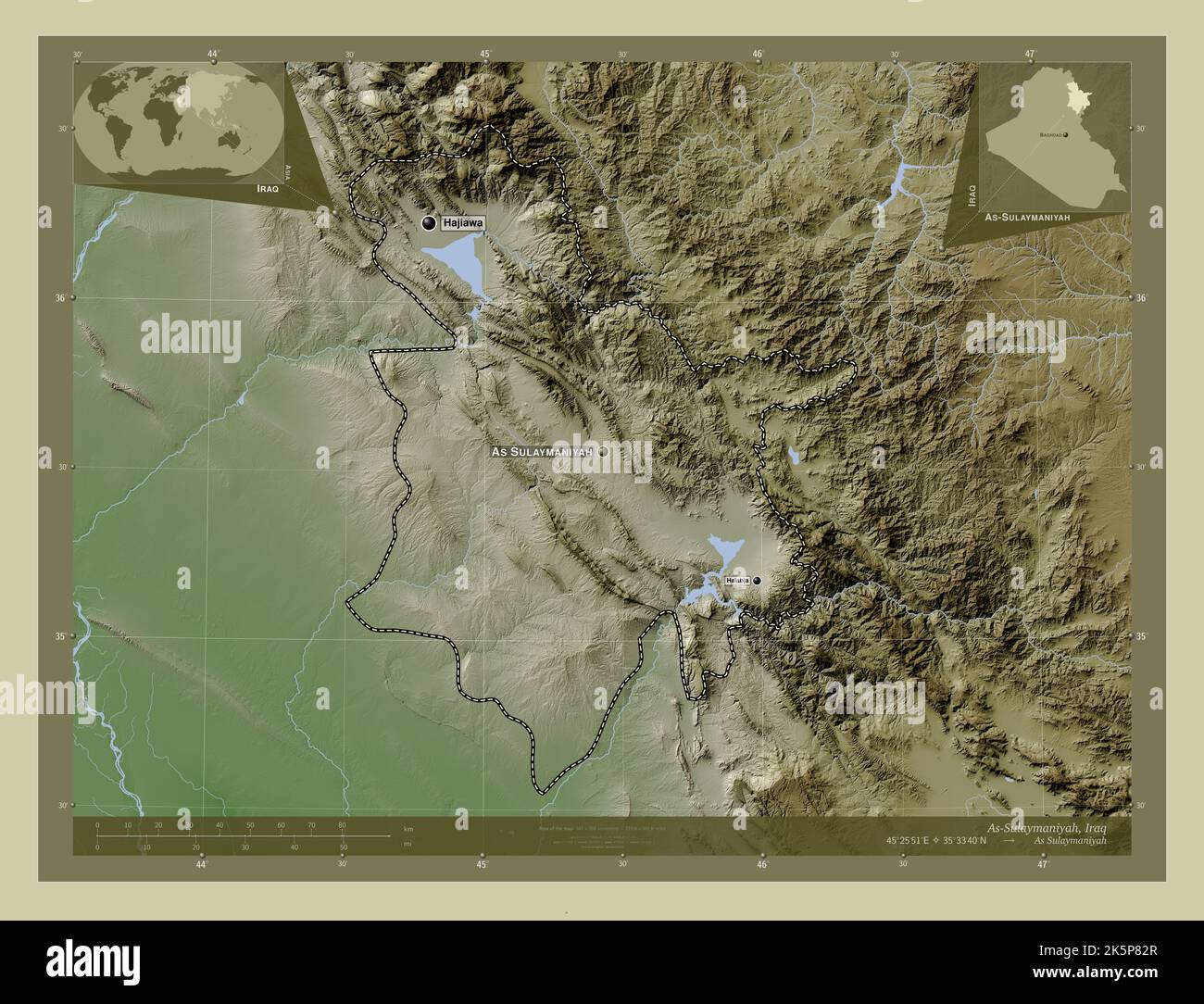 As-Sulaymaniyah, province of Iraq. Elevation map colored in wiki style with lakes and rivers ...