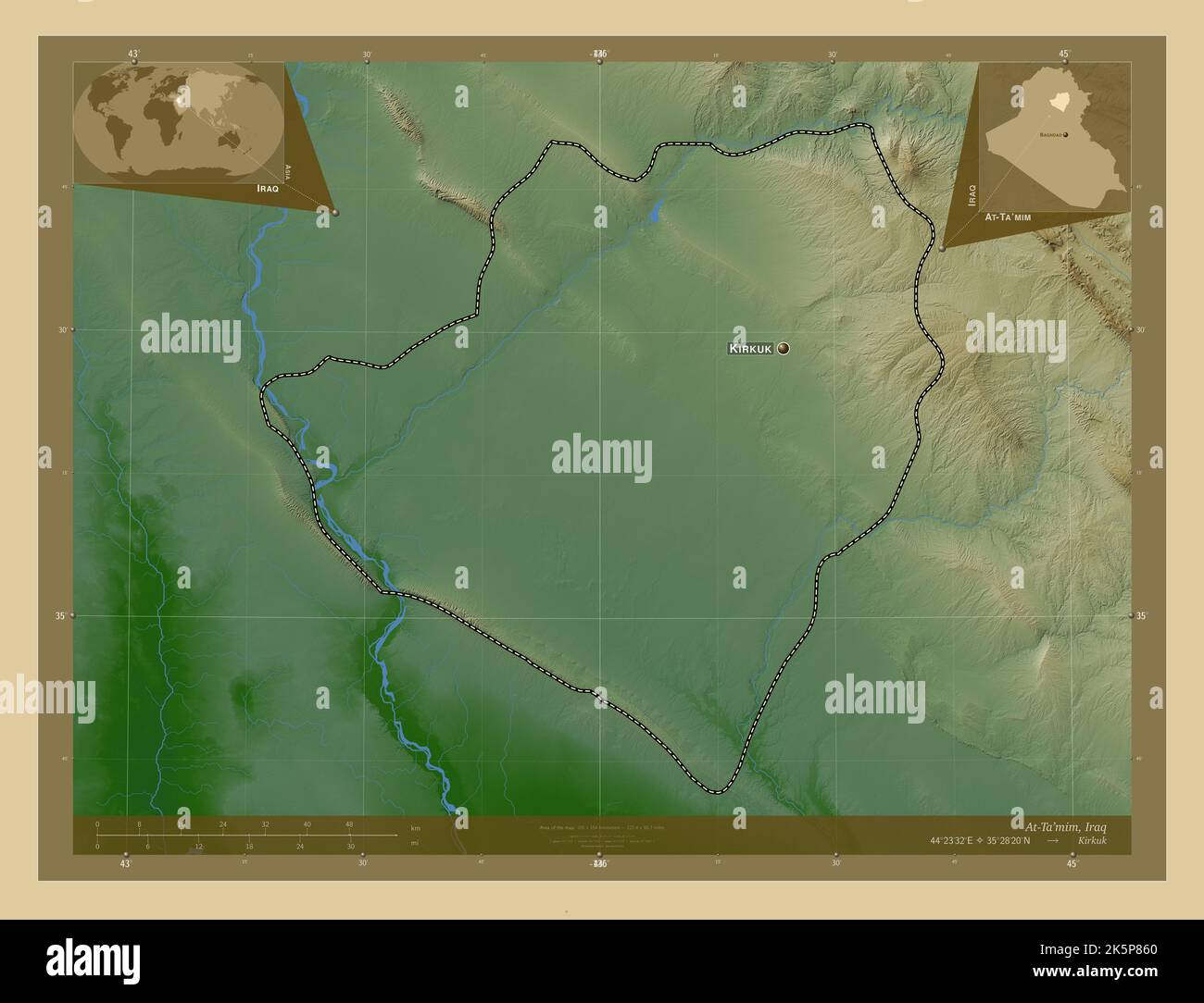 At-Ta'mim, province of Iraq. Colored elevation map with lakes and ...