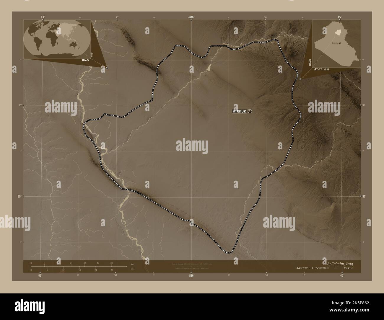 At-Ta'mim, province of Iraq. Elevation map colored in sepia tones with ...