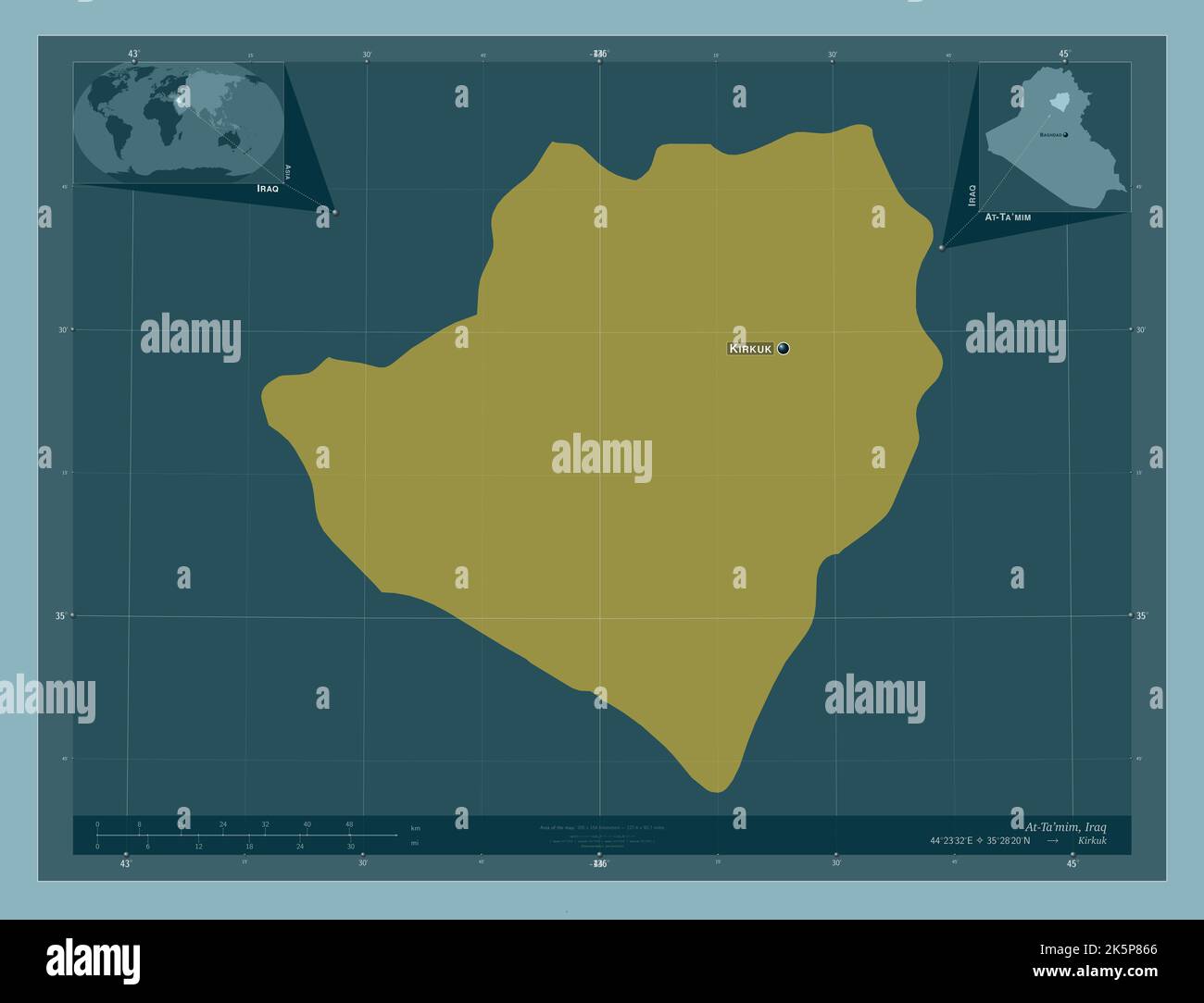 At-Ta'mim, province of Iraq. Solid color shape. Locations and names of ...