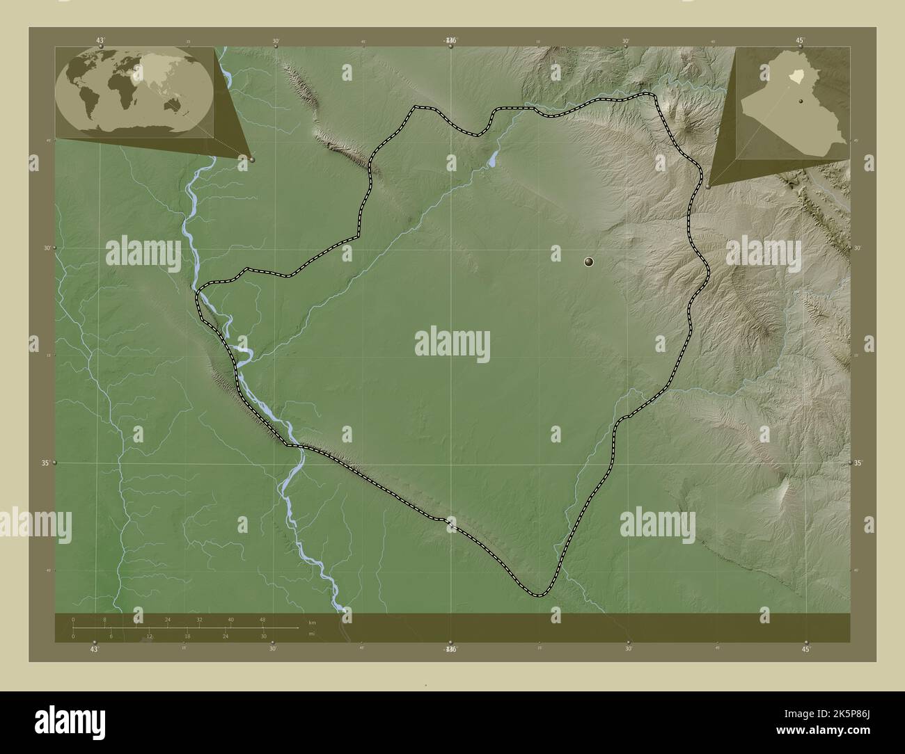 At-Ta'mim, province of Iraq. Elevation map colored in wiki style with lakes and rivers ...