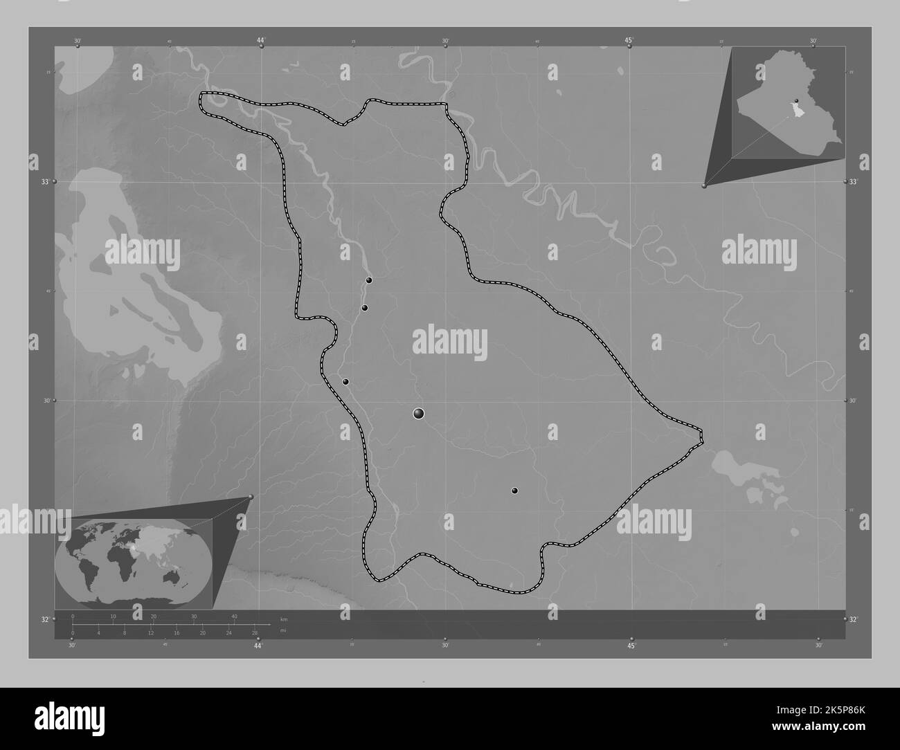Babil, province of Iraq. Grayscale elevation map with lakes and rivers ...