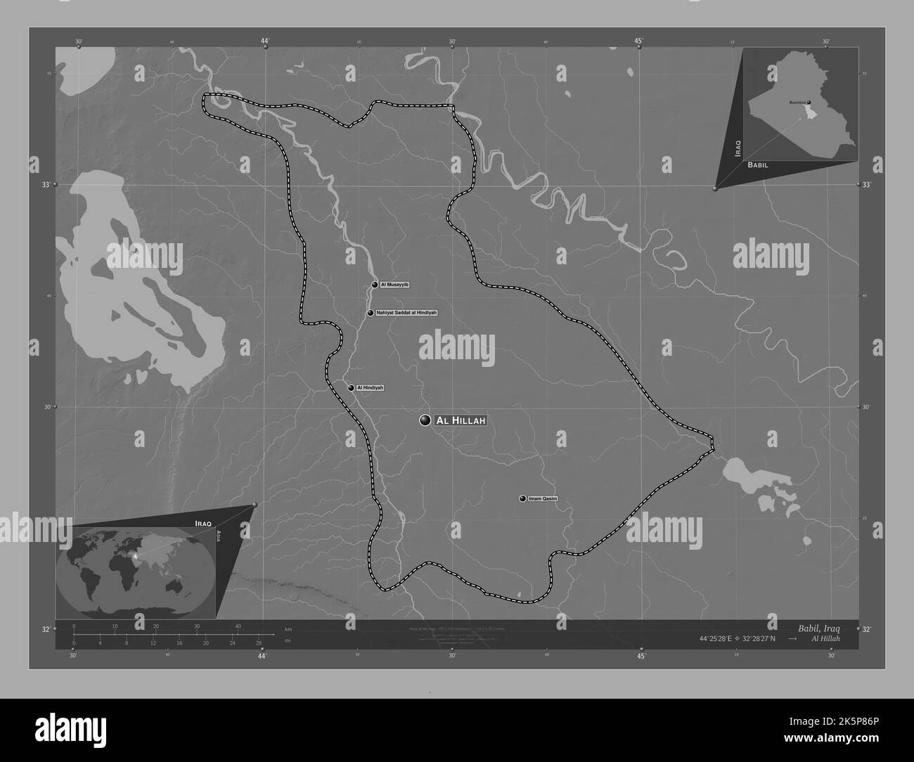 Babil, province of Iraq. Bilevel elevation map with lakes and rivers. Locations and names of ...