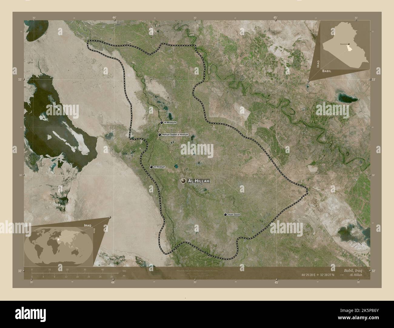 Babil, province of Iraq. High resolution satellite map. Locations and names of major cities of ...
