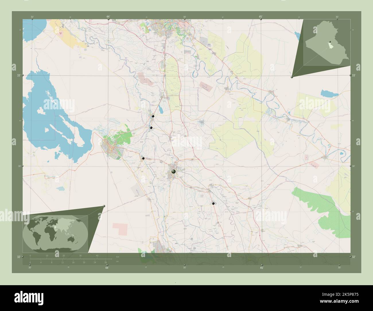 Babil, province of Iraq. Open Street Map. Locations of major cities of ...