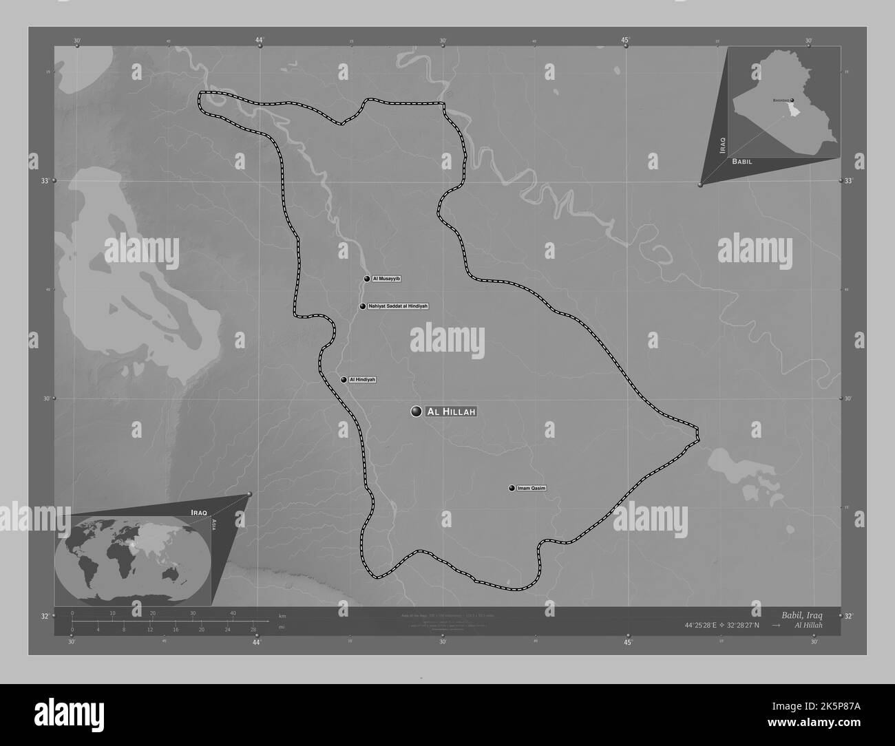 Babil, province of Iraq. Grayscale elevation map with lakes and rivers. Locations and names of ...