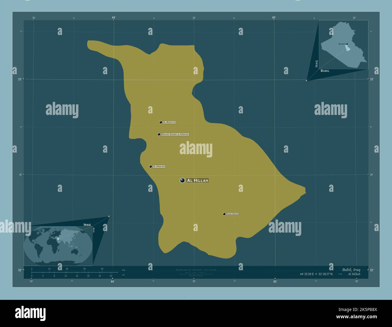 Babil, province of Iraq. Solid color shape. Locations and names of ...