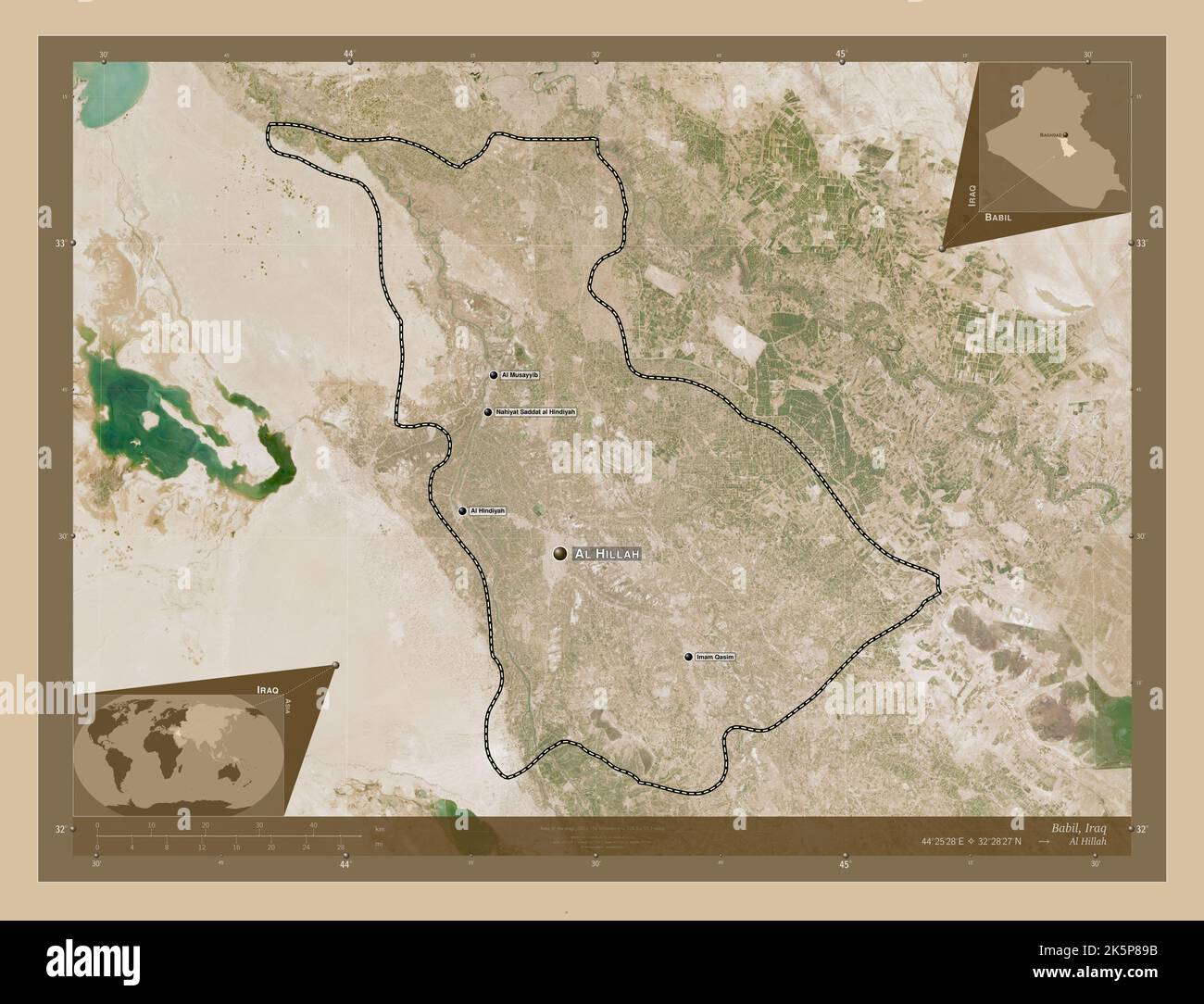 Babil, province of Iraq. Low resolution satellite map. Locations and names of major cities of ...