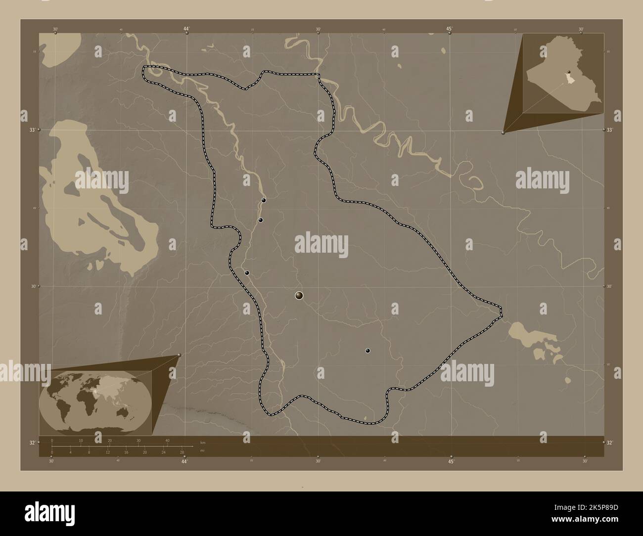 Babil, province of Iraq. Elevation map colored in sepia tones with ...