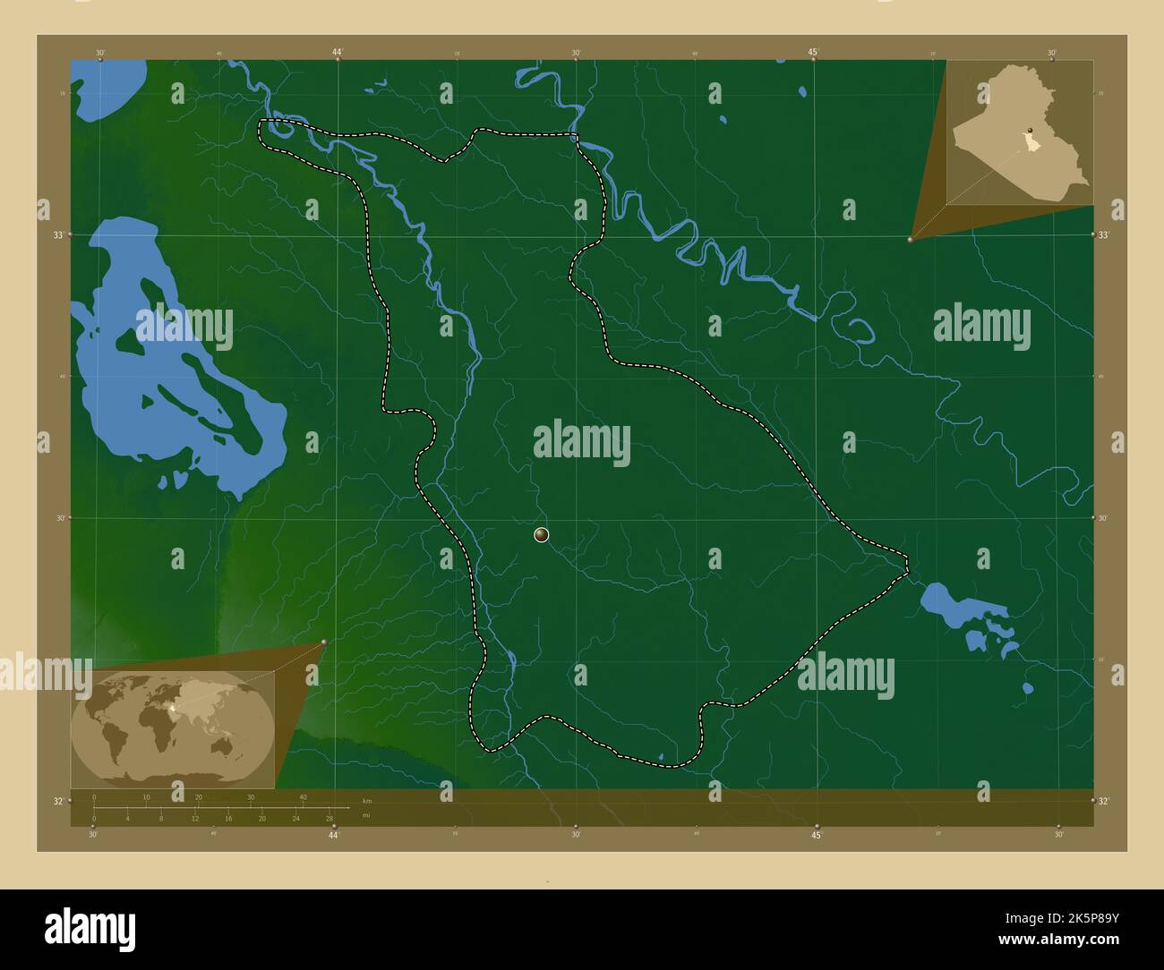 Babil, province of Iraq. Colored elevation map with lakes and rivers ...