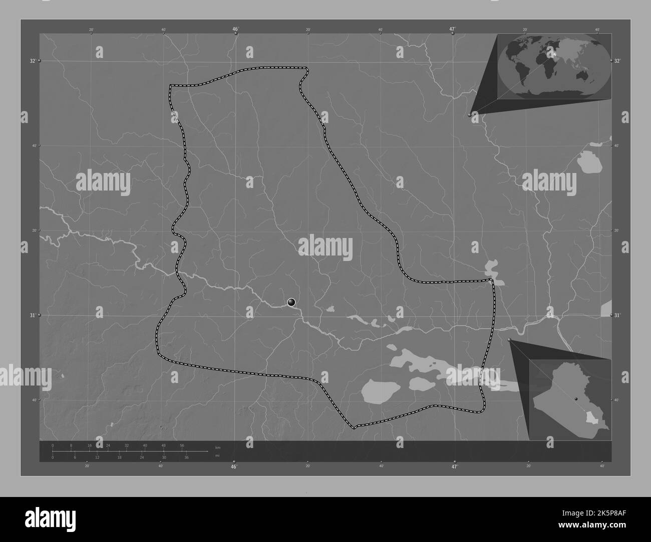 Dhi-Qar, province of Iraq. Bilevel elevation map with lakes and rivers ...
