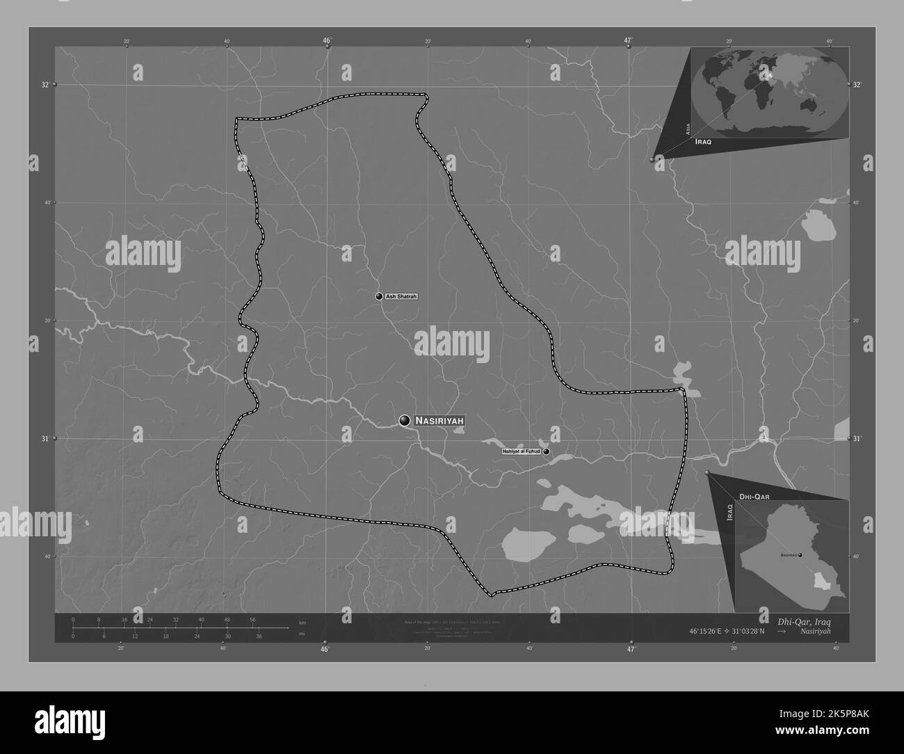 Dhi-Qar, province of Iraq. Bilevel elevation map with lakes and rivers. Locations and names of ...