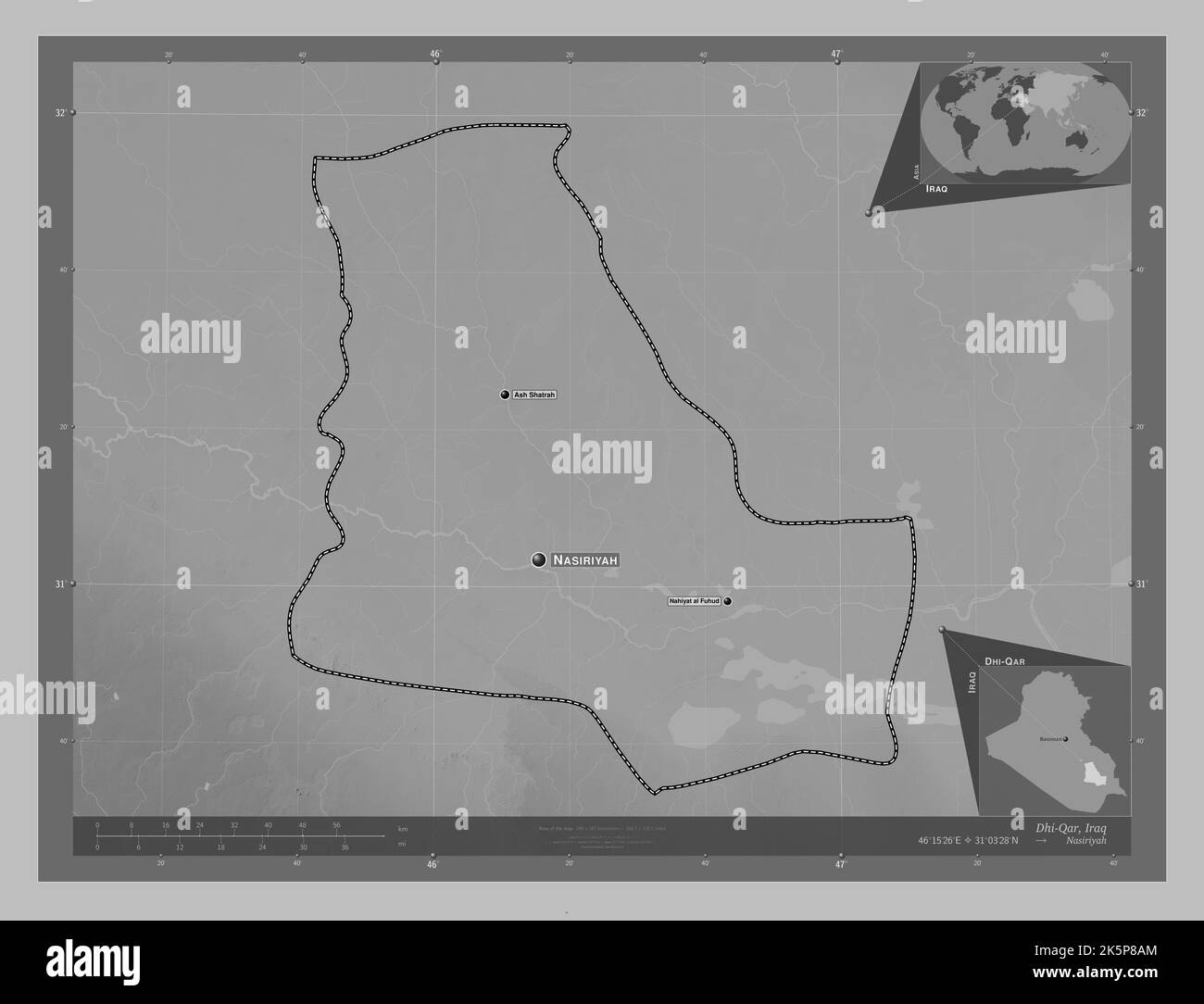 Dhi-Qar, province of Iraq. Grayscale elevation map with lakes and rivers. Locations and names of ...