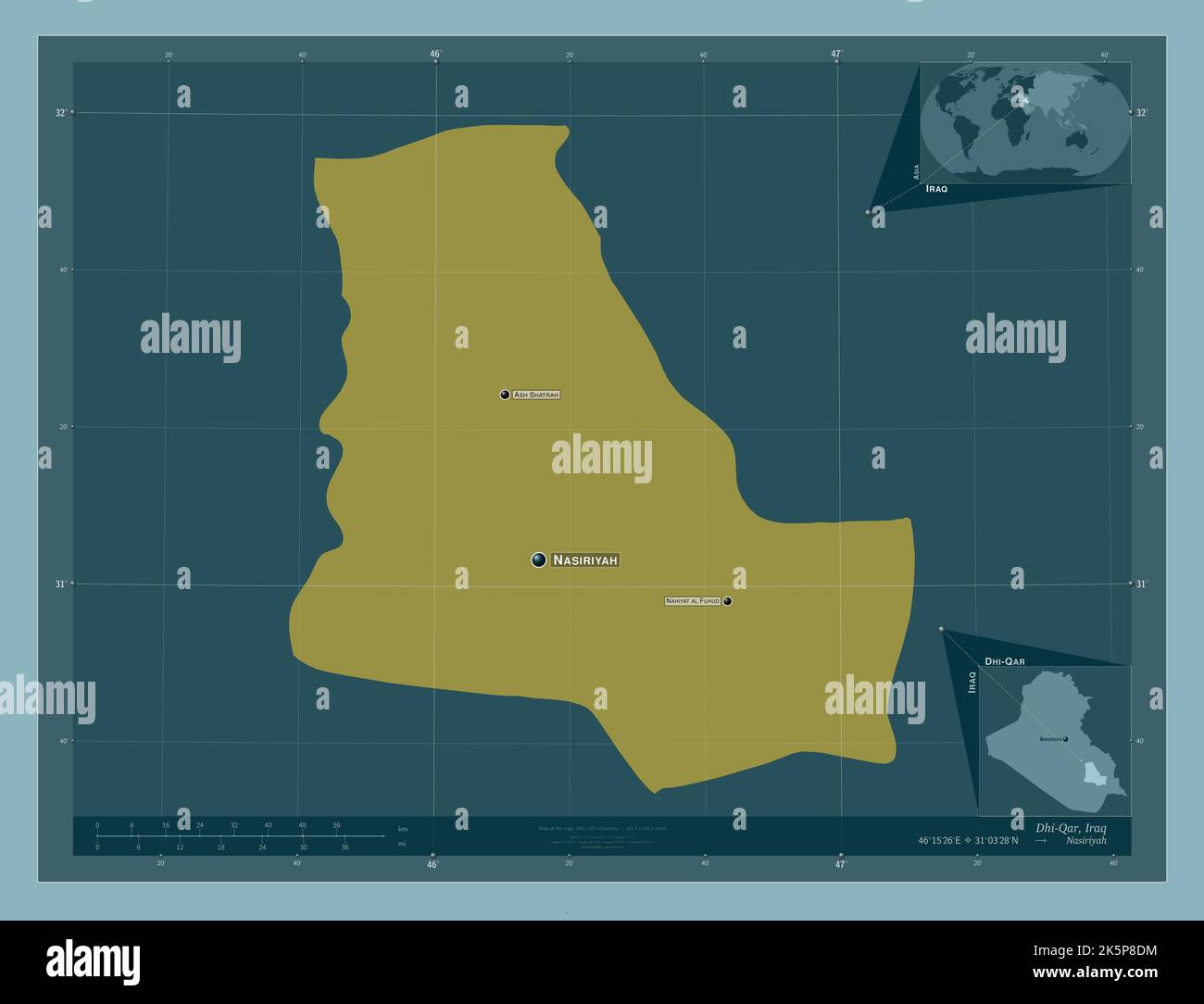 Dhi-Qar, province of Iraq. Solid color shape. Locations and names of ...