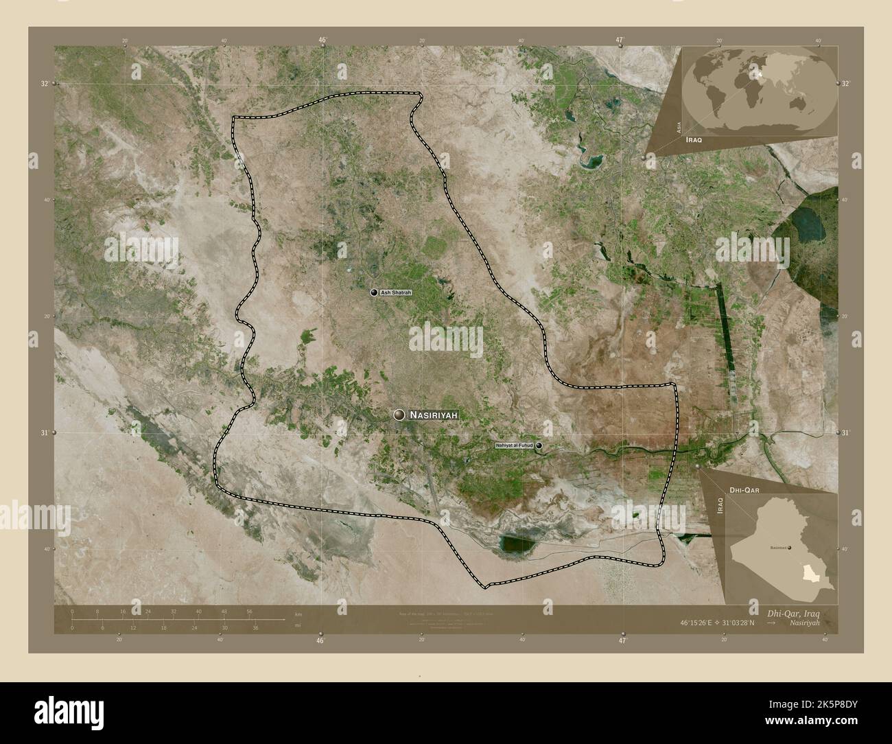 Dhi-Qar, province of Iraq. High resolution satellite map. Locations and names of major cities of ...