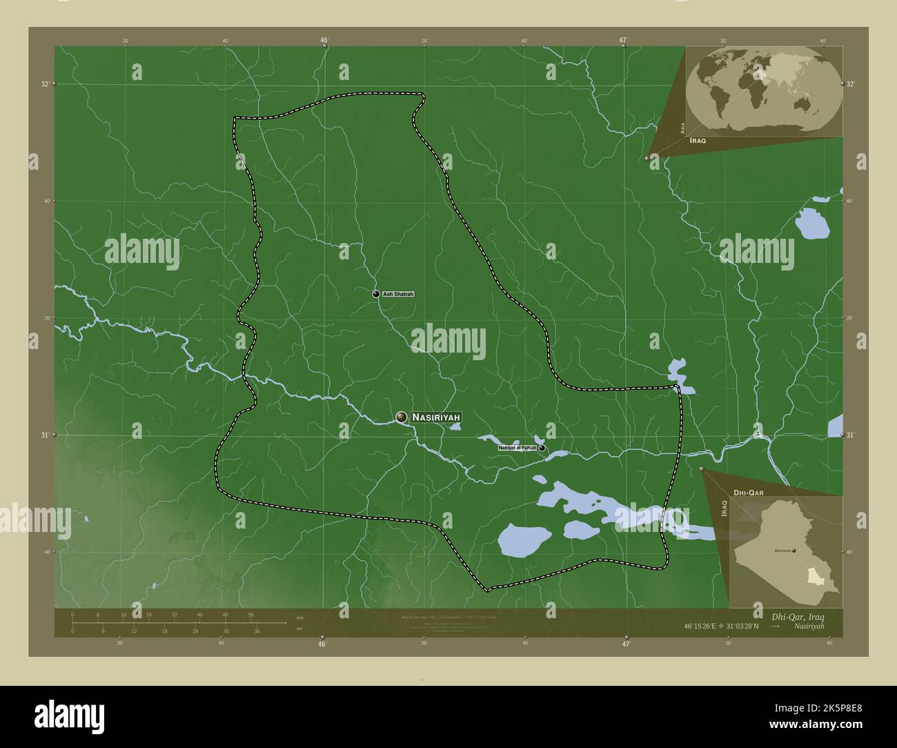 Dhi-Qar, province of Iraq. Elevation map colored in wiki style with lakes and rivers. Locations ...