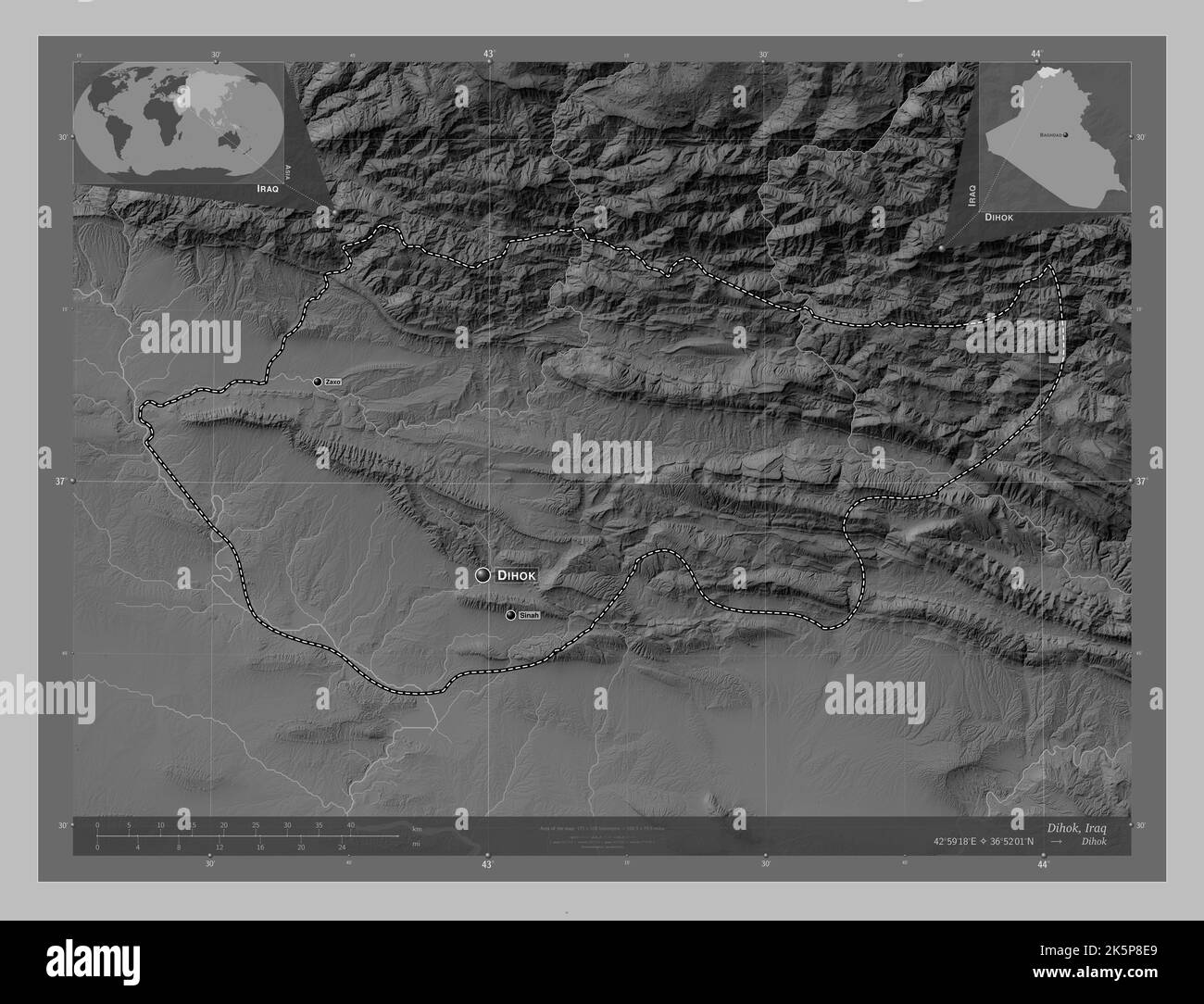 Dihok, province of Iraq. Grayscale elevation map with lakes and rivers. Locations and names of ...