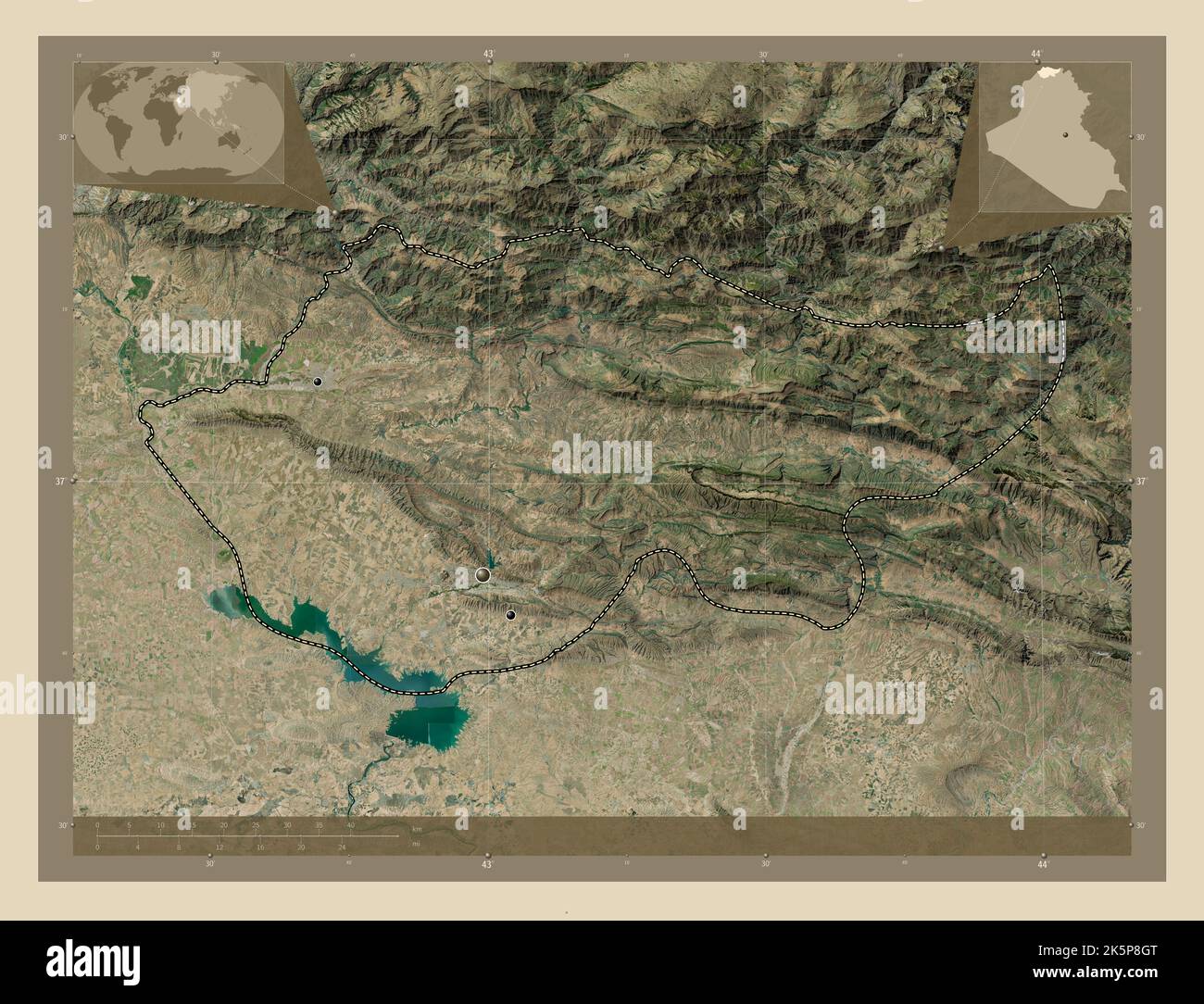 Dihok, province of Iraq. High resolution satellite map. Locations of ...