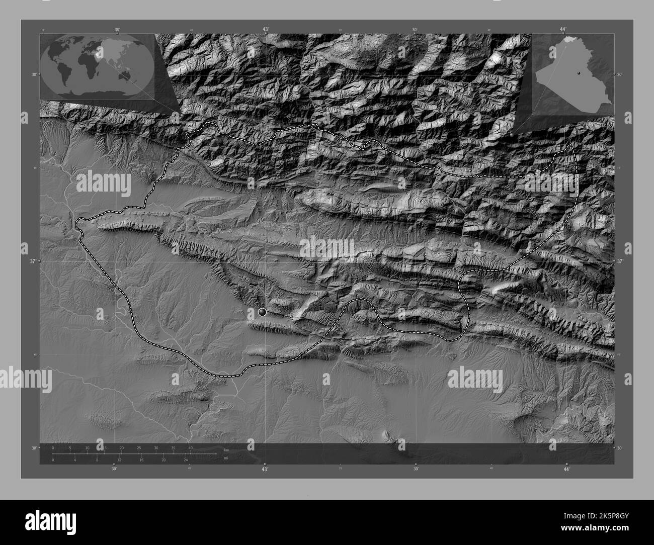 Dihok, province of Iraq. Bilevel elevation map with lakes and rivers. Corner auxiliary location ...