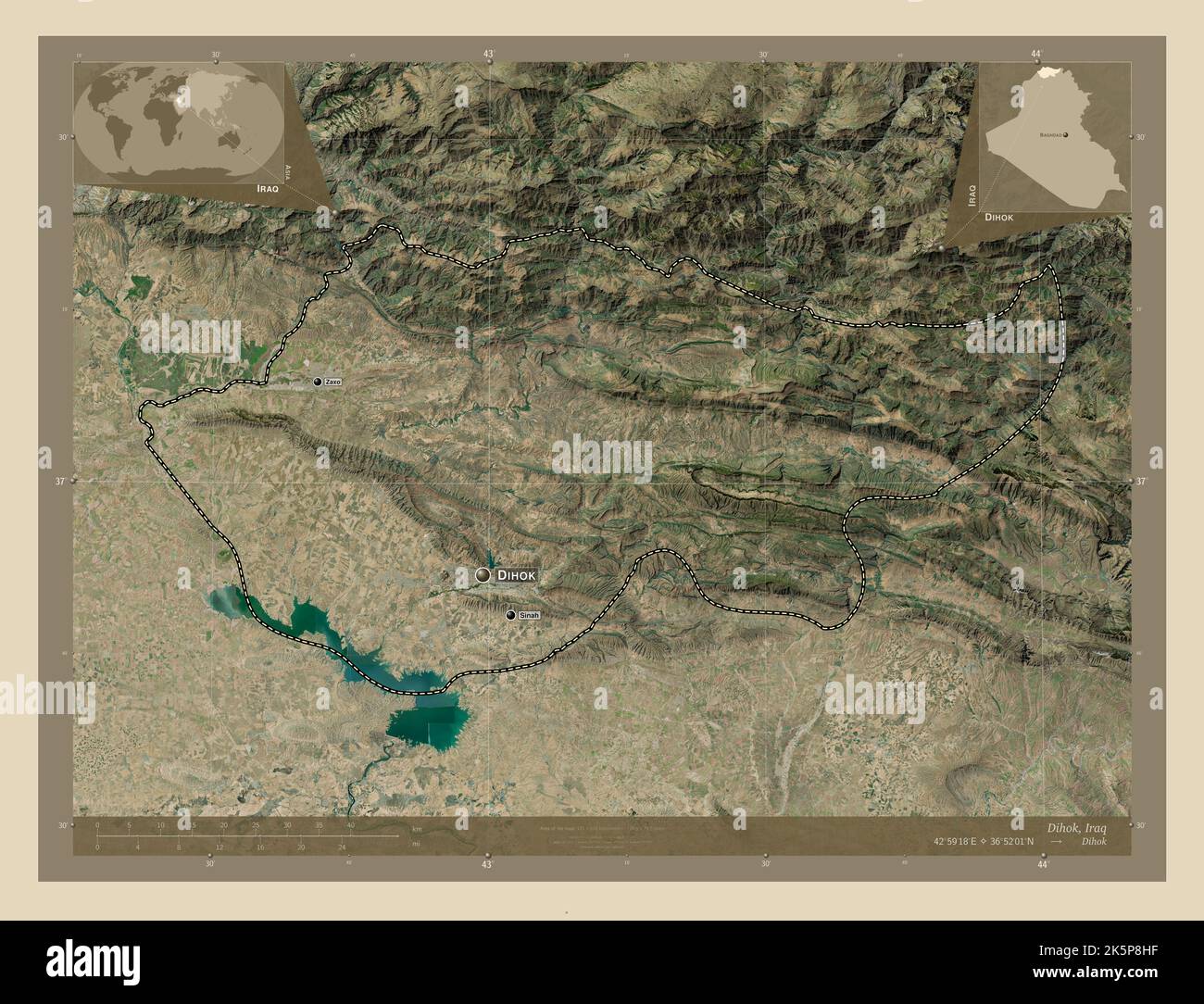 Dihok, province of Iraq. High resolution satellite map. Locations and names of major cities of ...