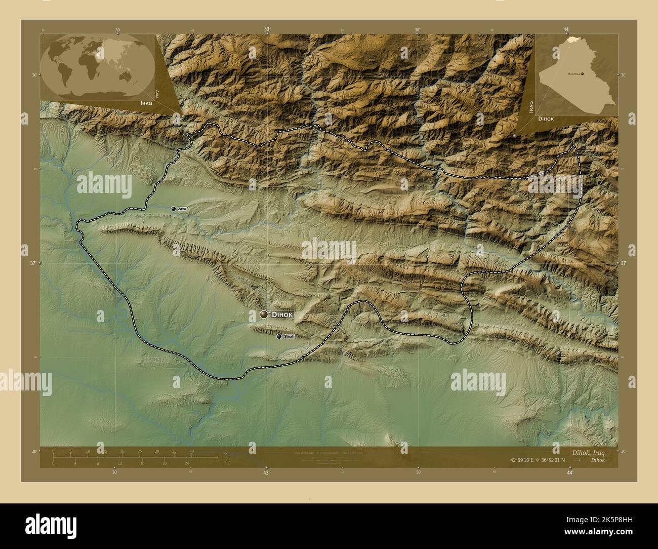 Dihok, province of Iraq. Colored elevation map with lakes and rivers ...