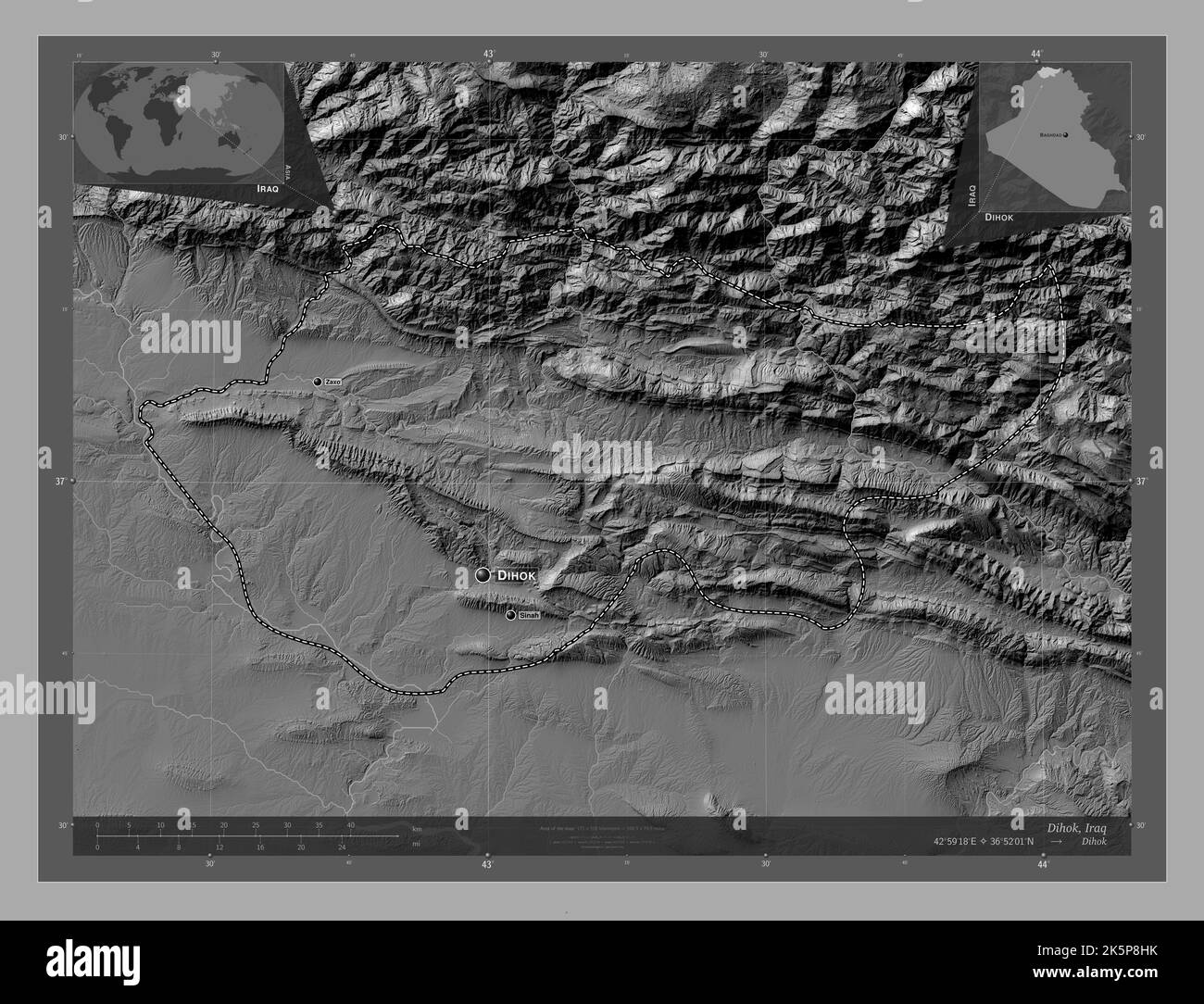 Dihok, province of Iraq. Bilevel elevation map with lakes and rivers. Locations and names of ...
