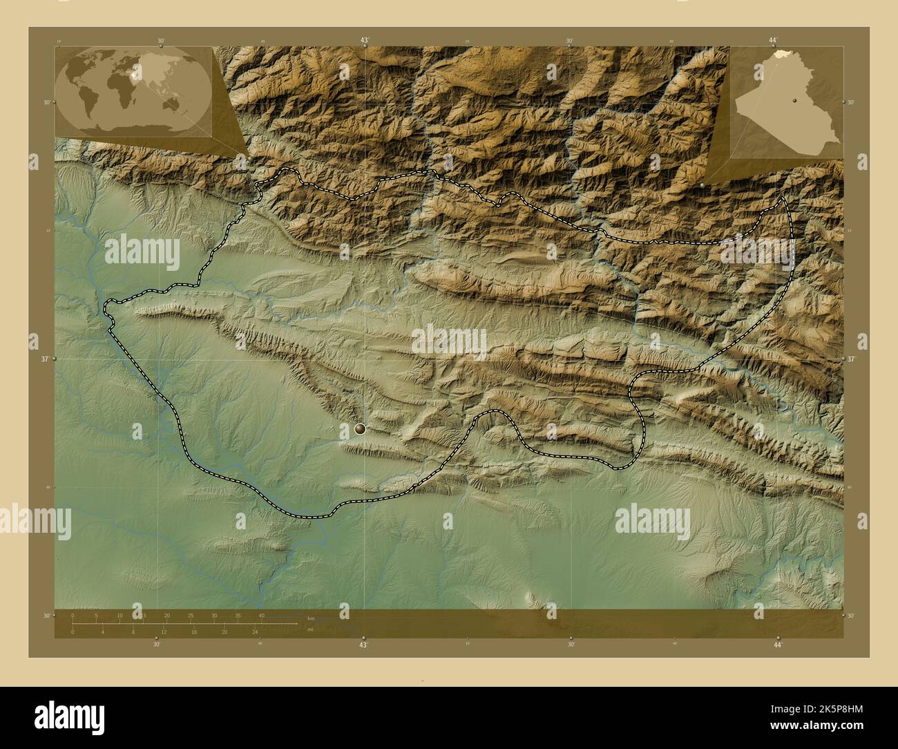 Dihok, province of Iraq. Colored elevation map with lakes and rivers ...