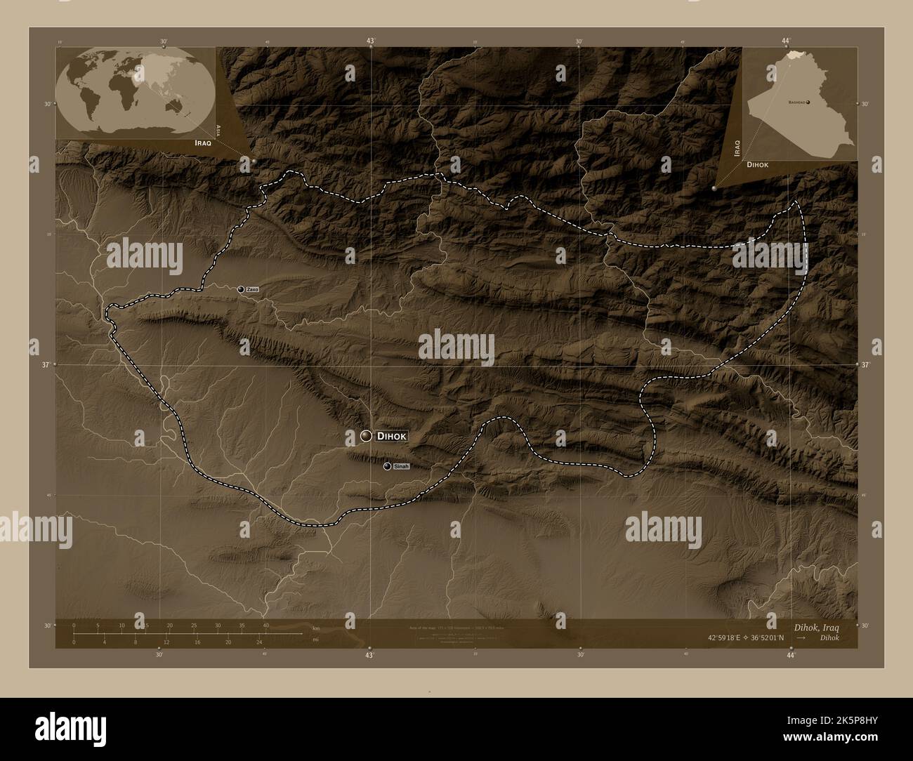 Dihok, province of Iraq. Elevation map colored in sepia tones with ...