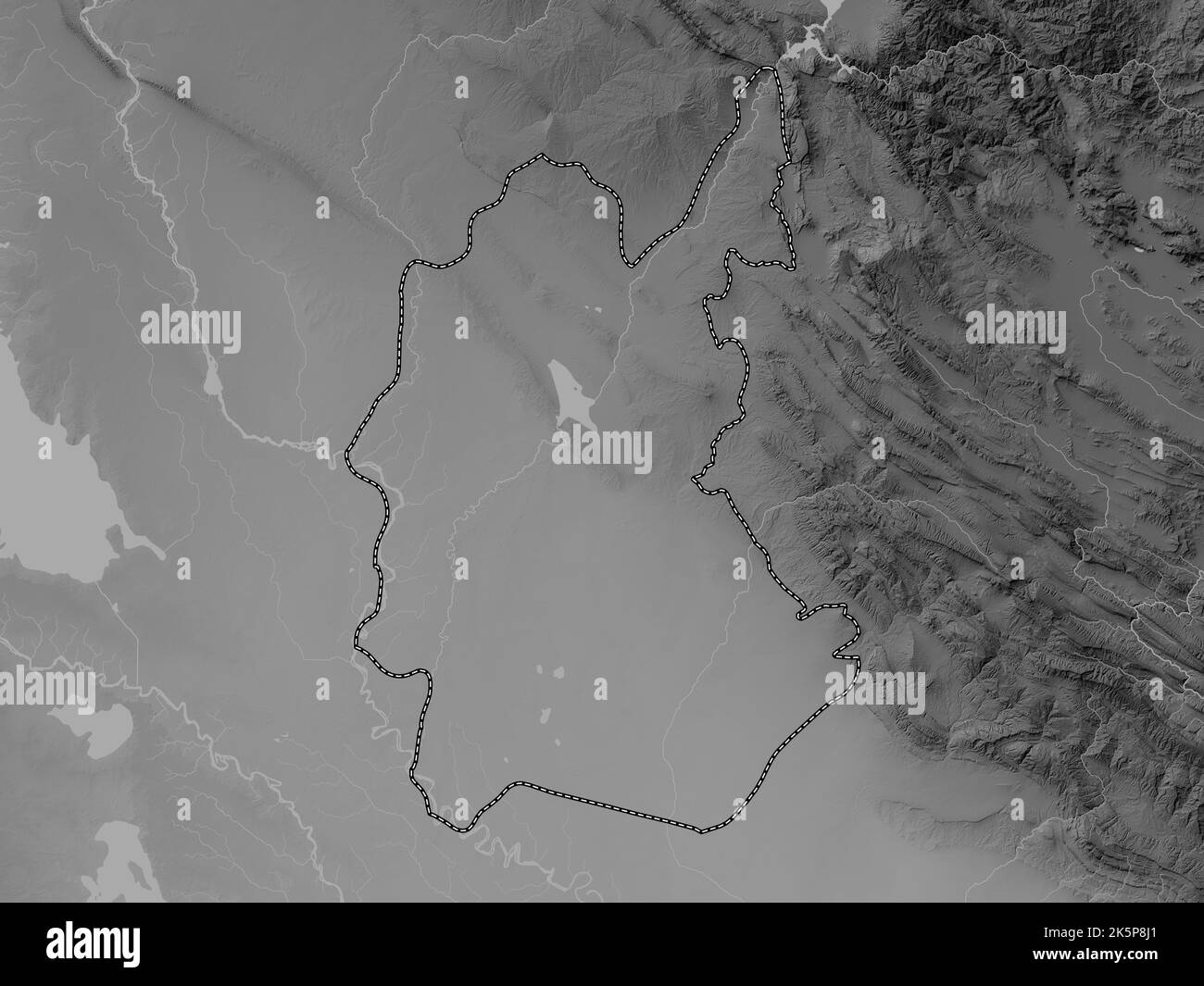Diyala, province of Iraq. Grayscale elevation map with lakes and rivers ...