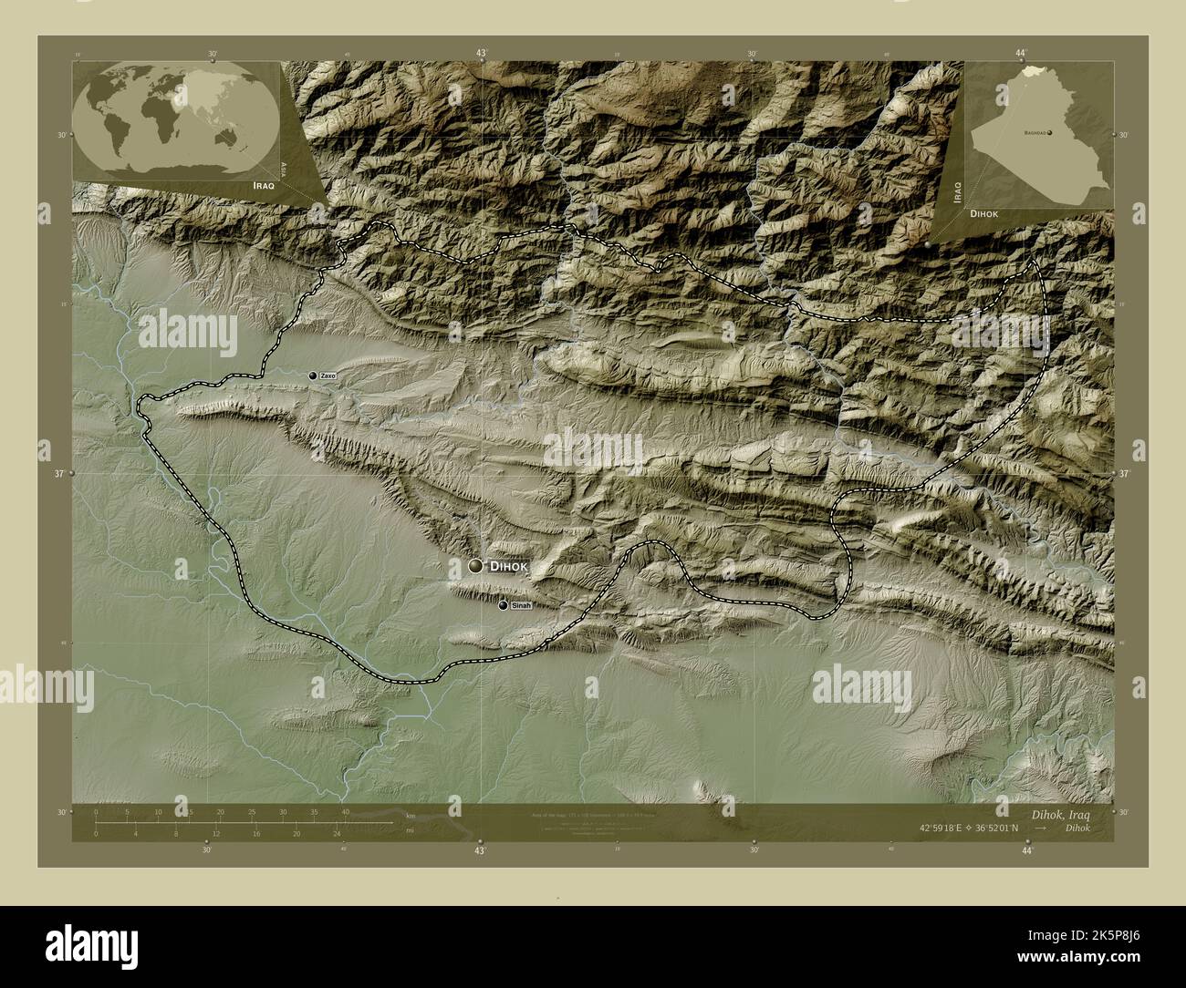 Dihok, province of Iraq. Elevation map colored in wiki style with lakes and rivers. Locations ...