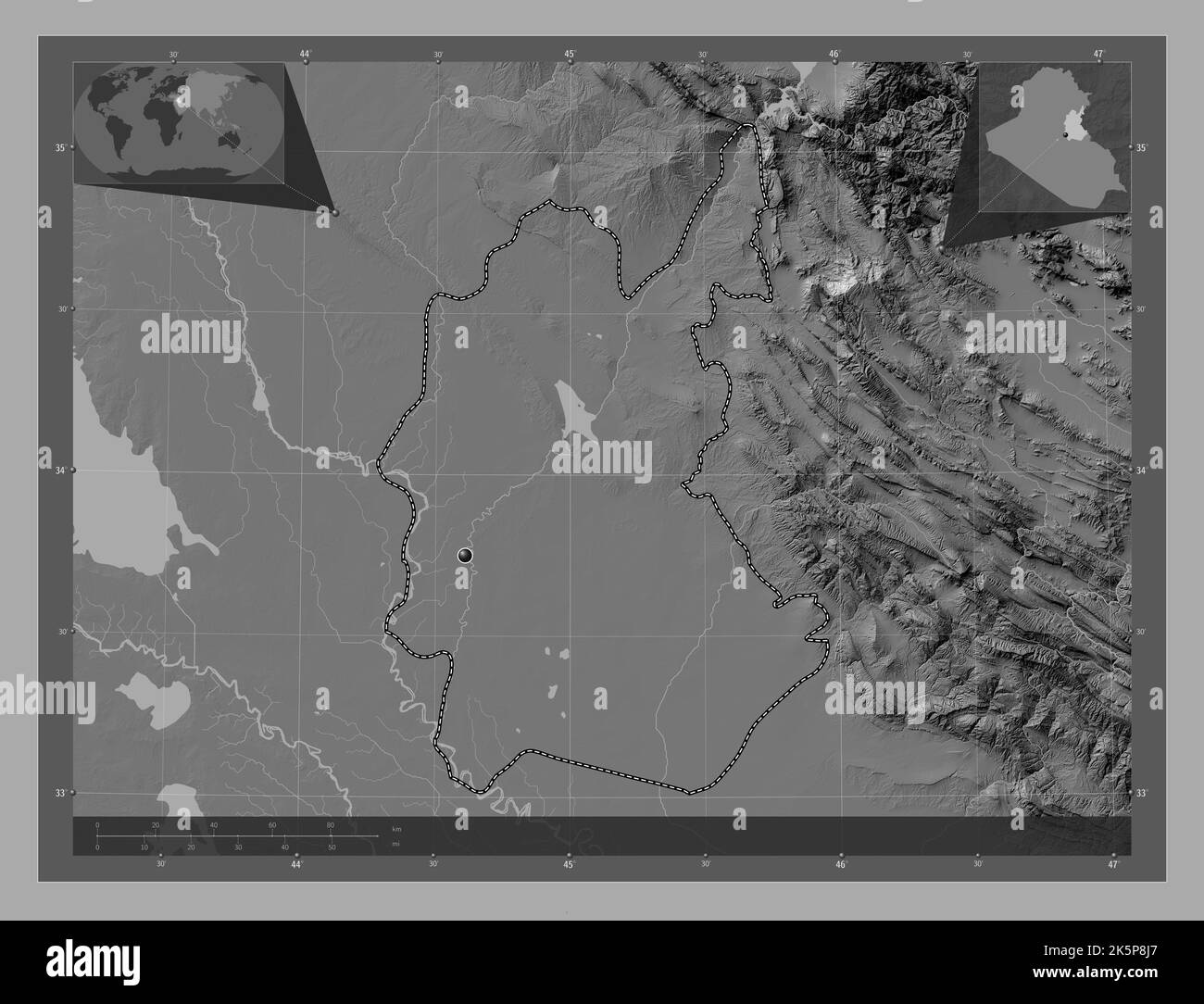 Diyala, province of Iraq. Bilevel elevation map with lakes and rivers. Corner auxiliary location ...