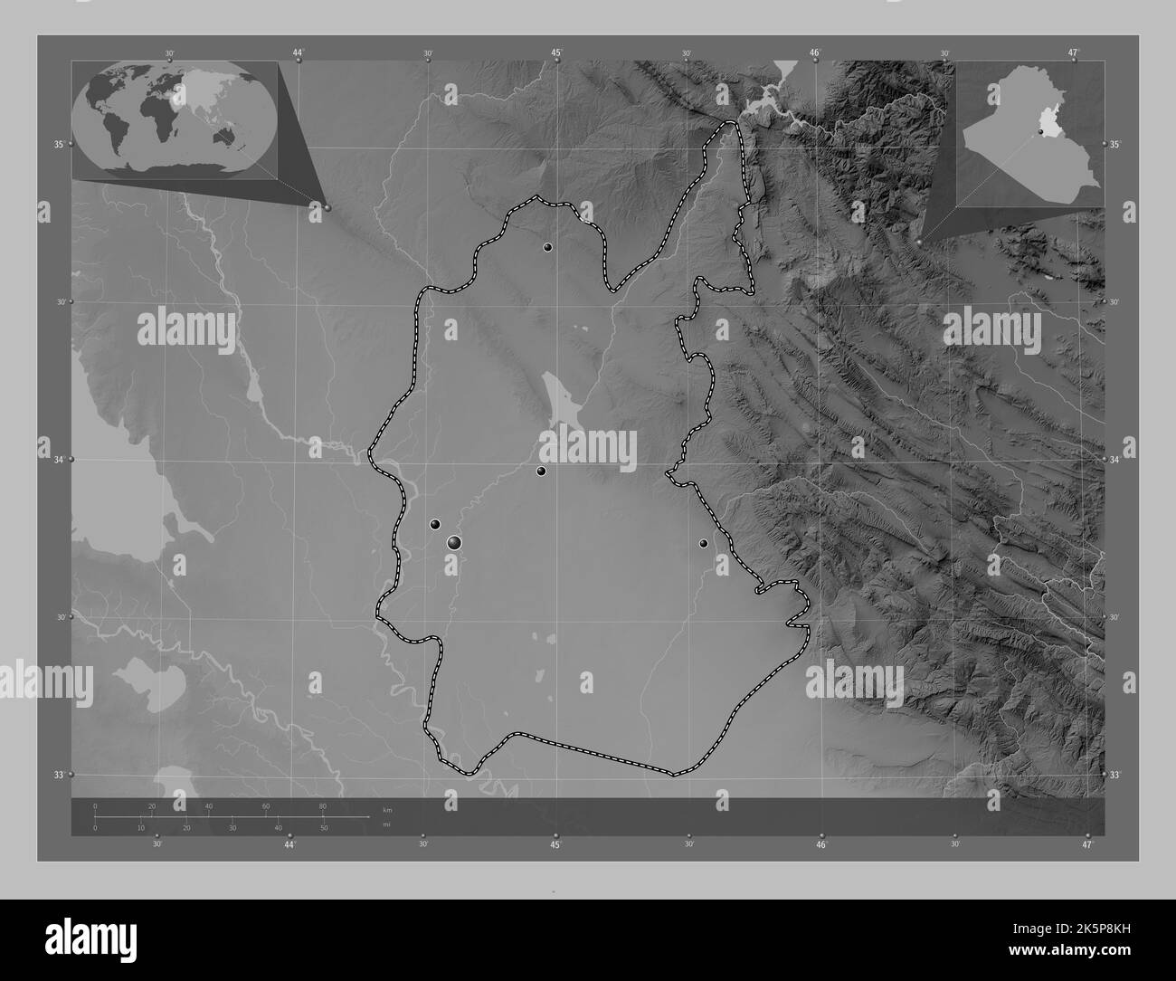 Diyala, province of Iraq. Grayscale elevation map with lakes and rivers. Locations of major ...