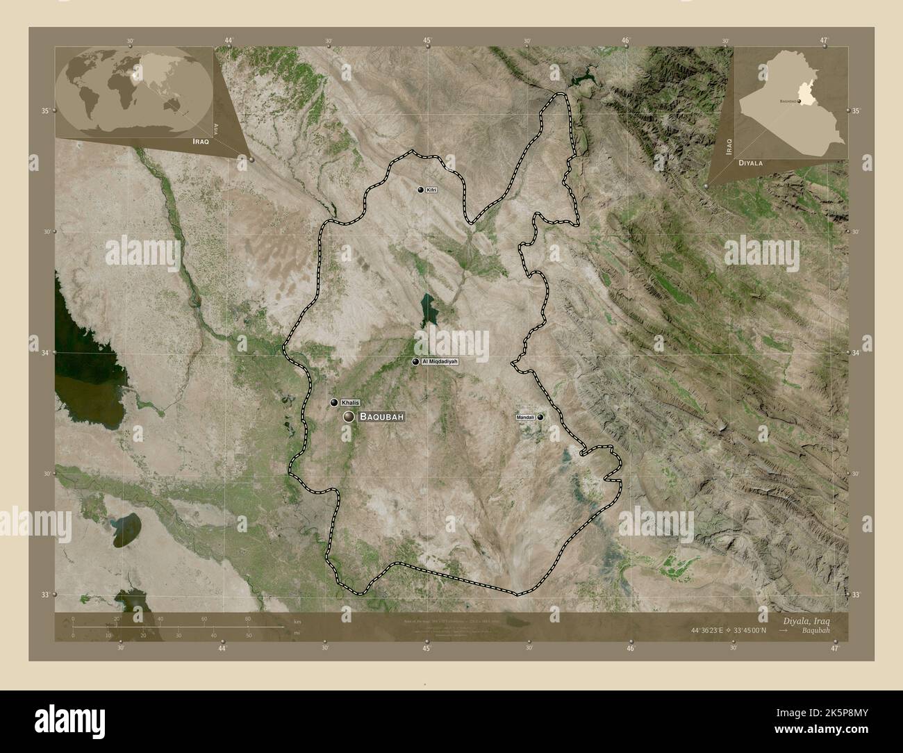 Diyala, province of Iraq. High resolution satellite map. Locations and names of major cities of ...