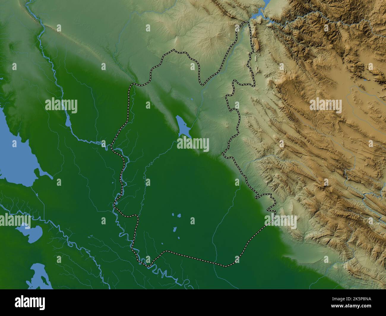 Diyala, province of Iraq. Colored elevation map with lakes and rivers ...