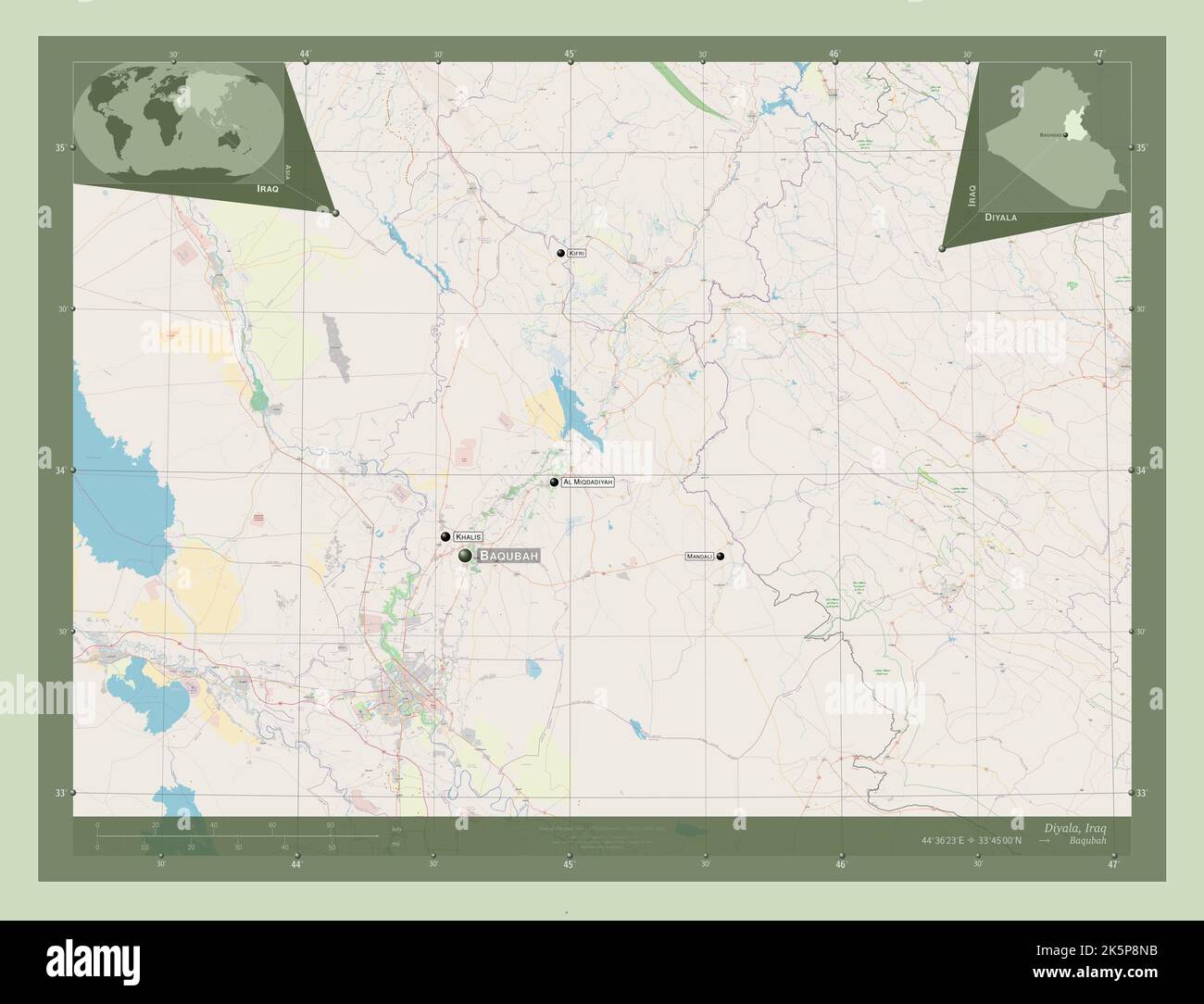 Diyala, province of Iraq. Open Street Map. Locations and names of major cities of the region ...