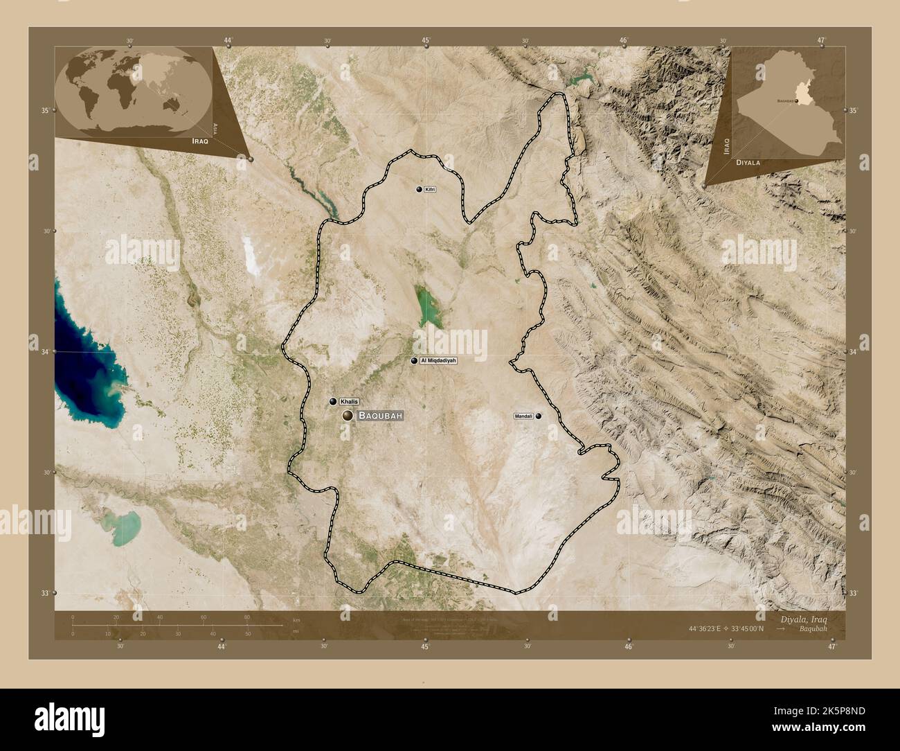 Diyala, province of Iraq. Low resolution satellite map. Locations and ...