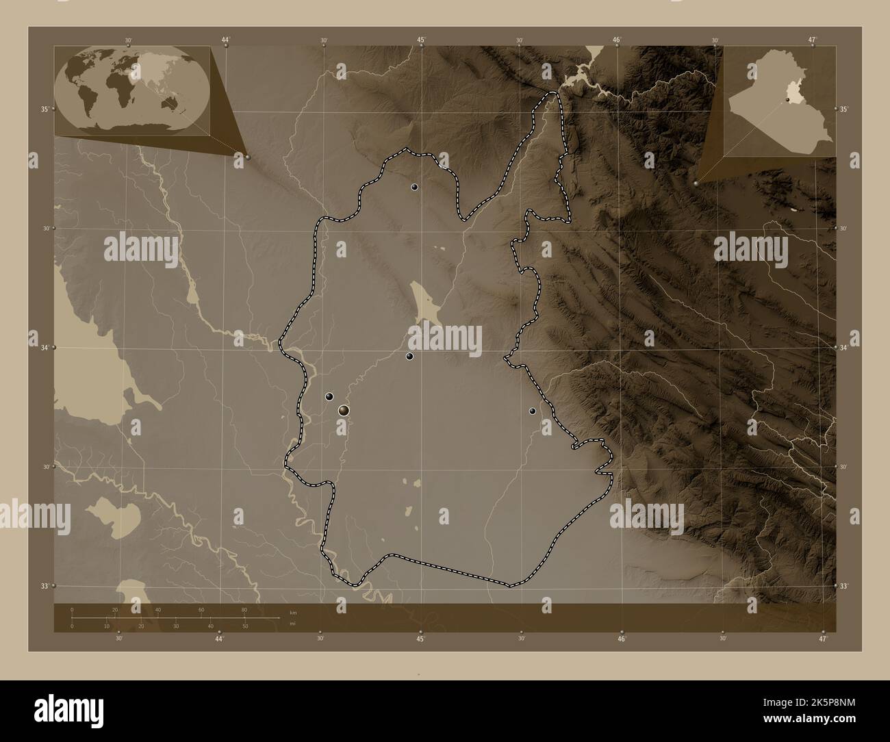 Diyala, province of Iraq. Elevation map colored in sepia tones with ...