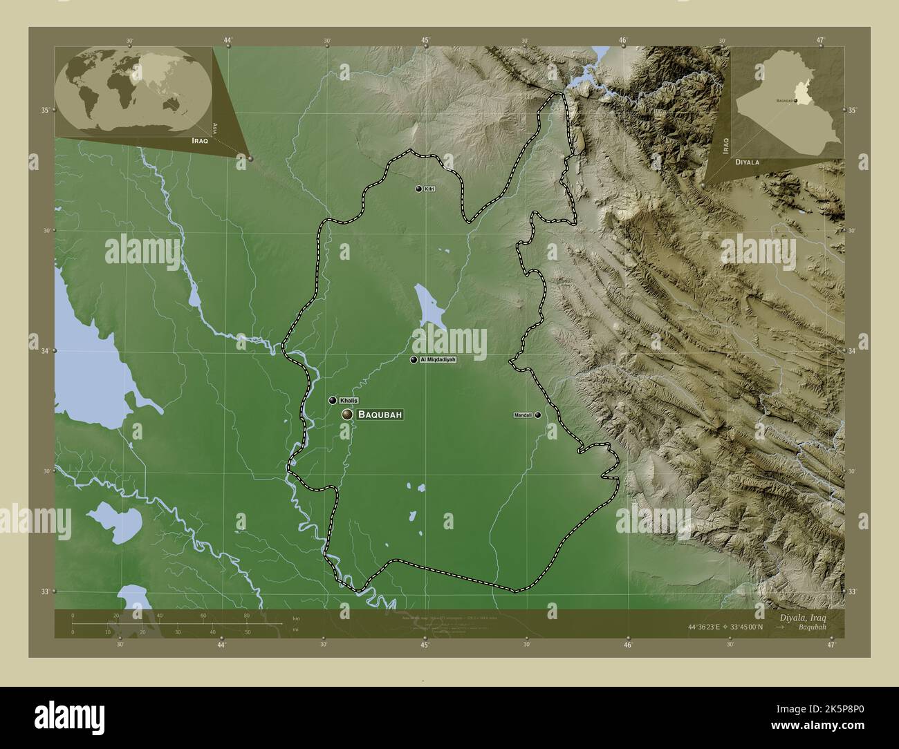 Diyala, province of Iraq. Elevation map colored in wiki style with ...
