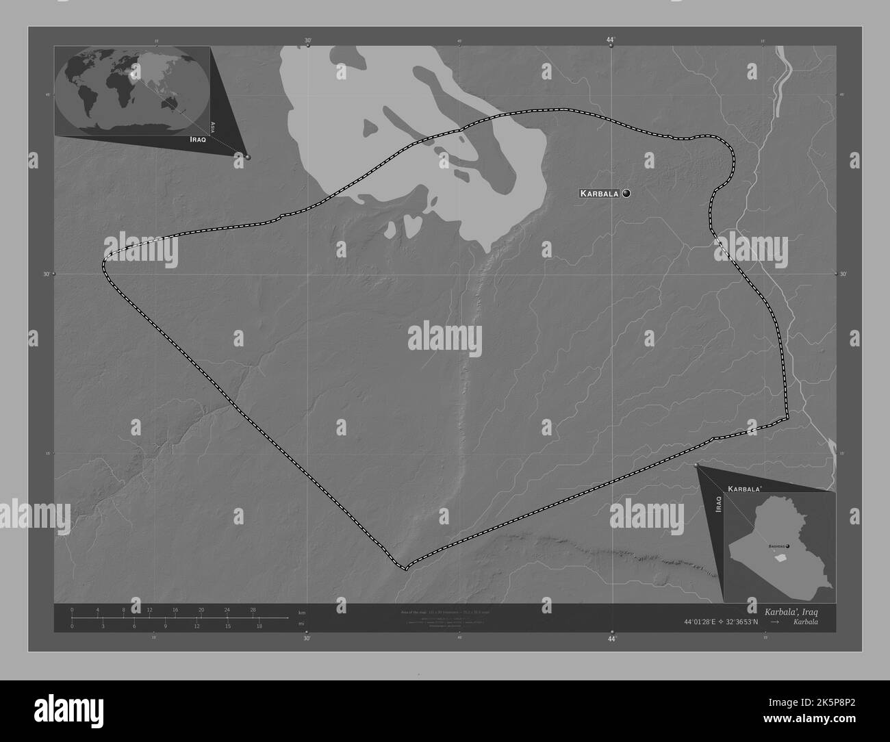 Karbala', province of Iraq. Bilevel elevation map with lakes and rivers ...
