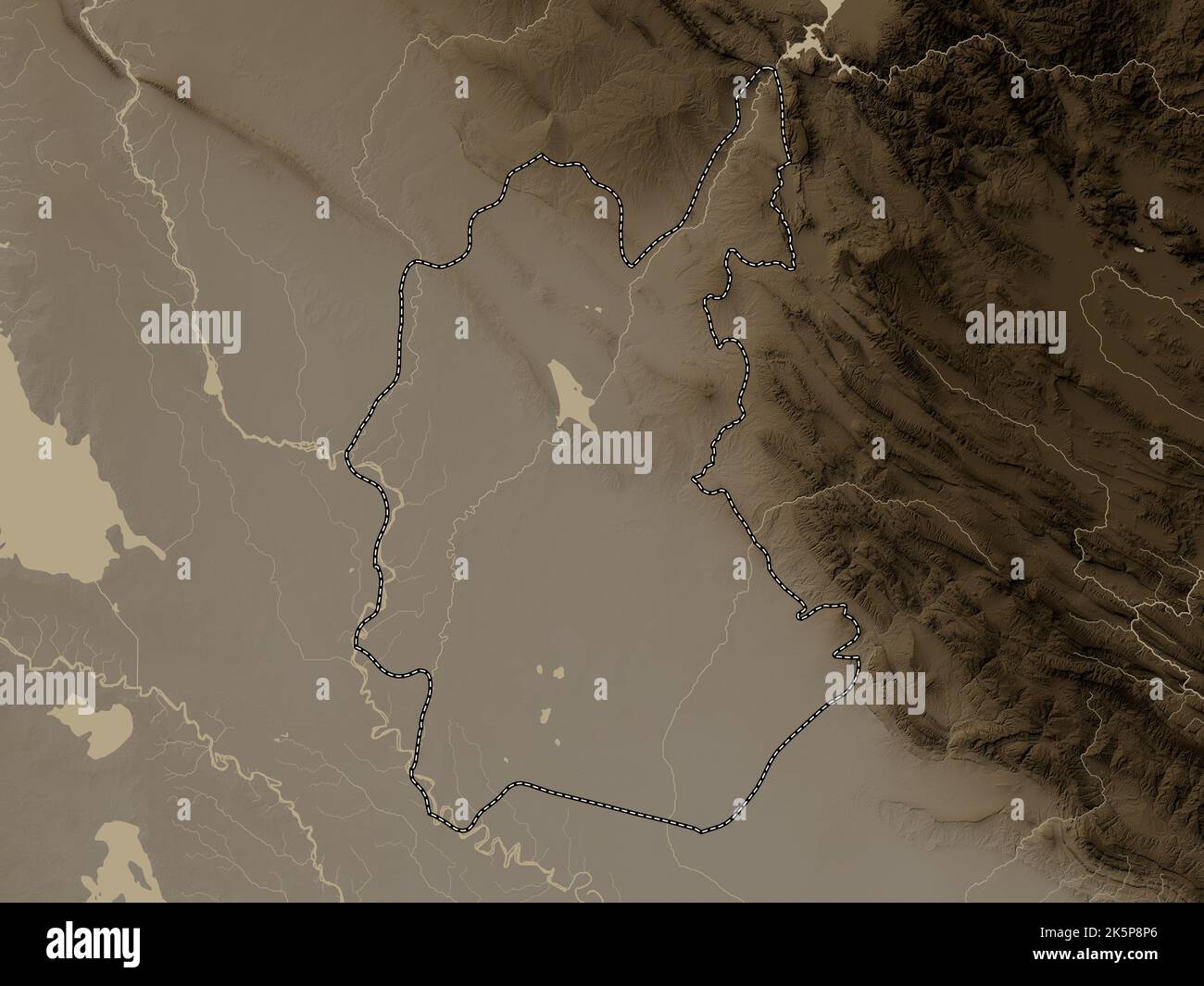 Diyala, province of Iraq. Elevation map colored in sepia tones with lakes and rivers Stock Photo ...