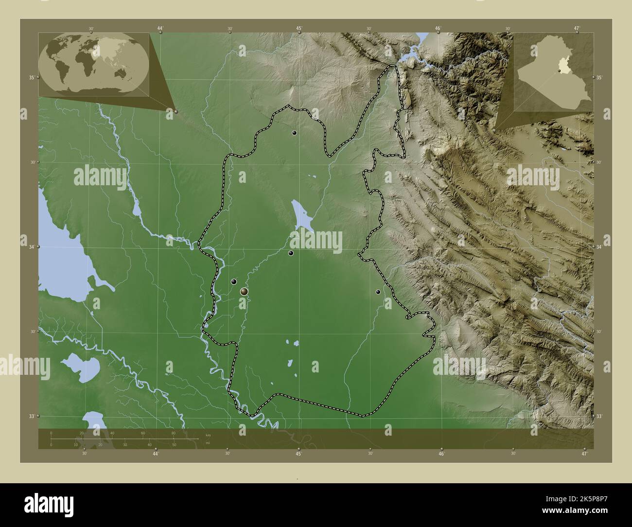 Diyala, province of Iraq. Elevation map colored in wiki style with lakes and rivers. Locations ...
