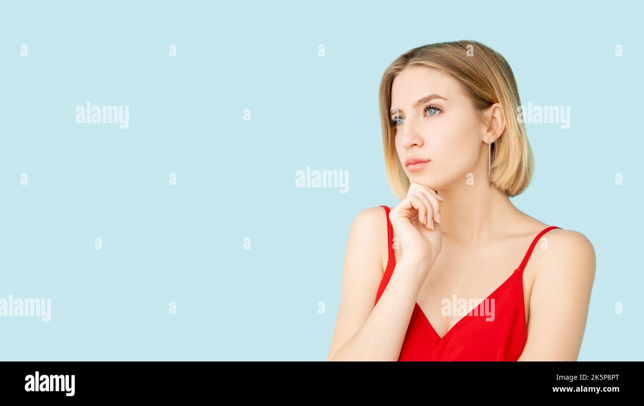 Problem solution. Pensive woman. Make decision. Advertising background ...
