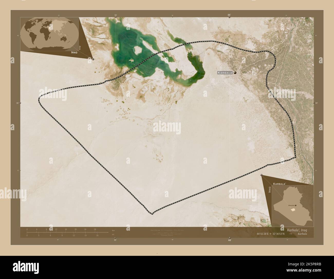 Karbala', province of Iraq. Low resolution satellite map. Locations and ...