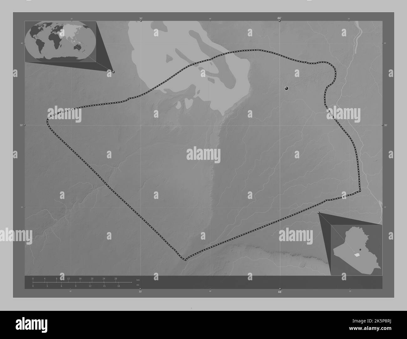 Karbala', province of Iraq. Grayscale elevation map with lakes and ...