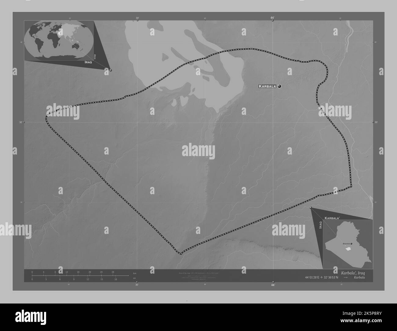 Karbala', province of Iraq. Grayscale elevation map with lakes and rivers. Locations and names ...