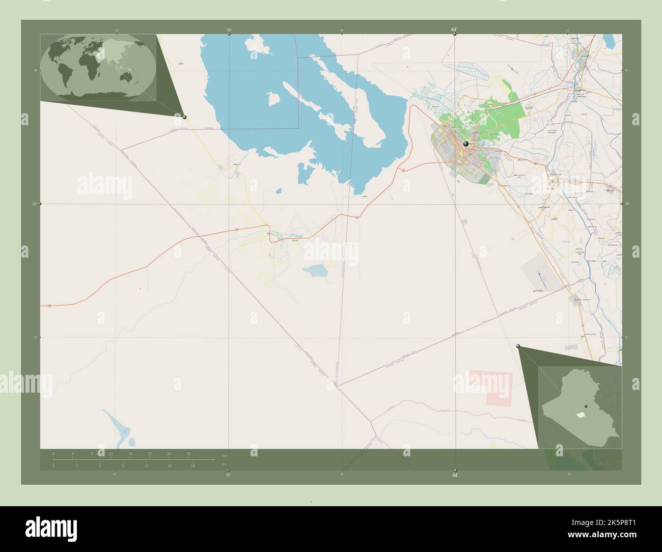 Karbala', province of Iraq. Open Street Map. Locations of major cities of the region. Corner ...