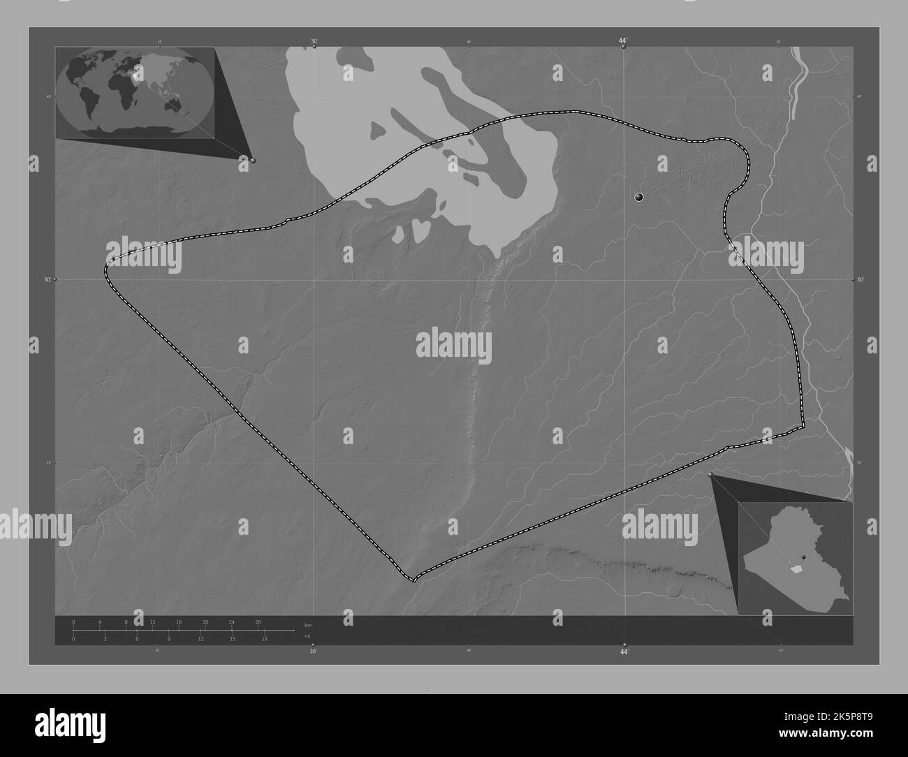 Karbala', province of Iraq. Bilevel elevation map with lakes and rivers ...