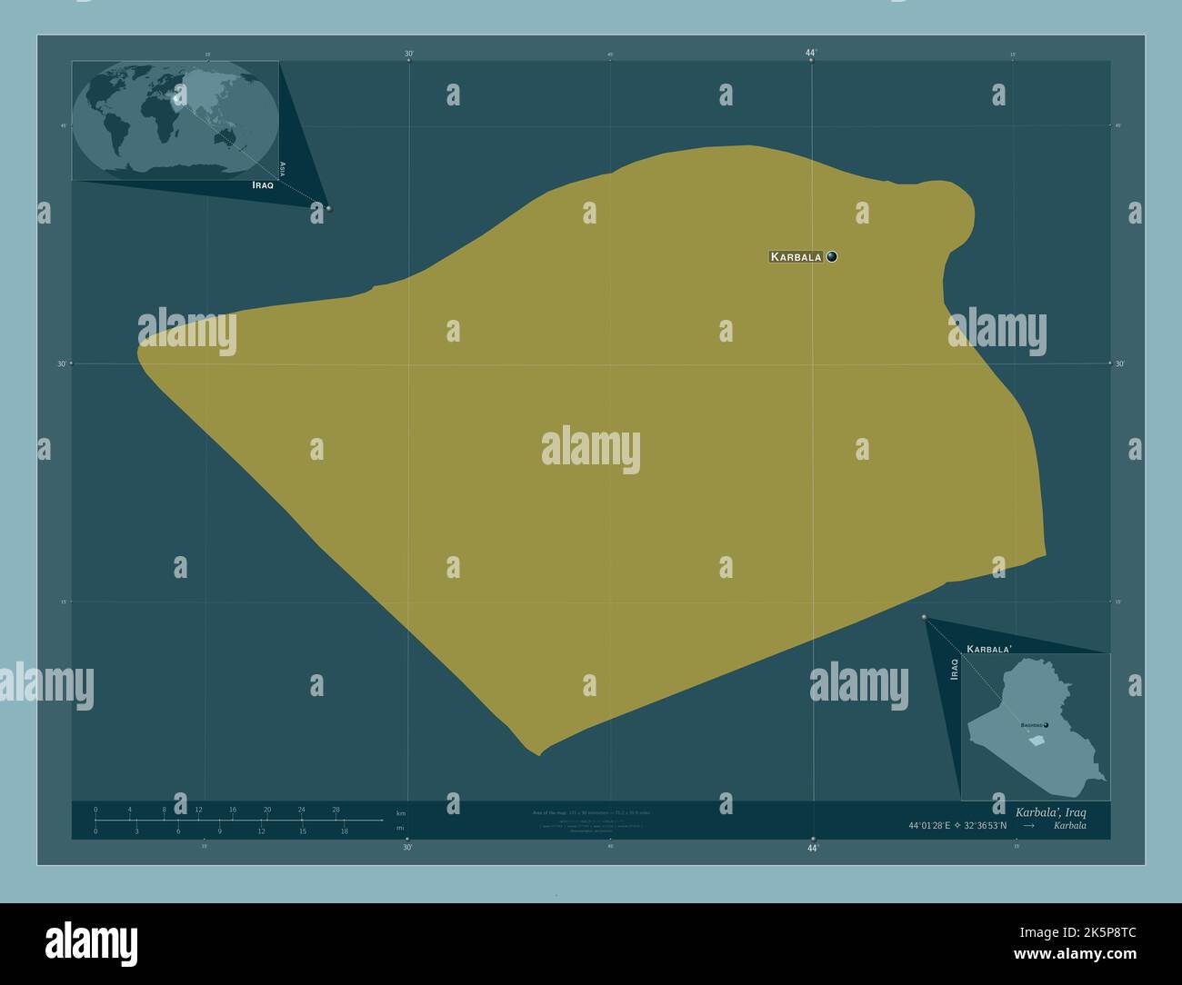 Karbala', province of Iraq. Solid color shape. Locations and names of ...