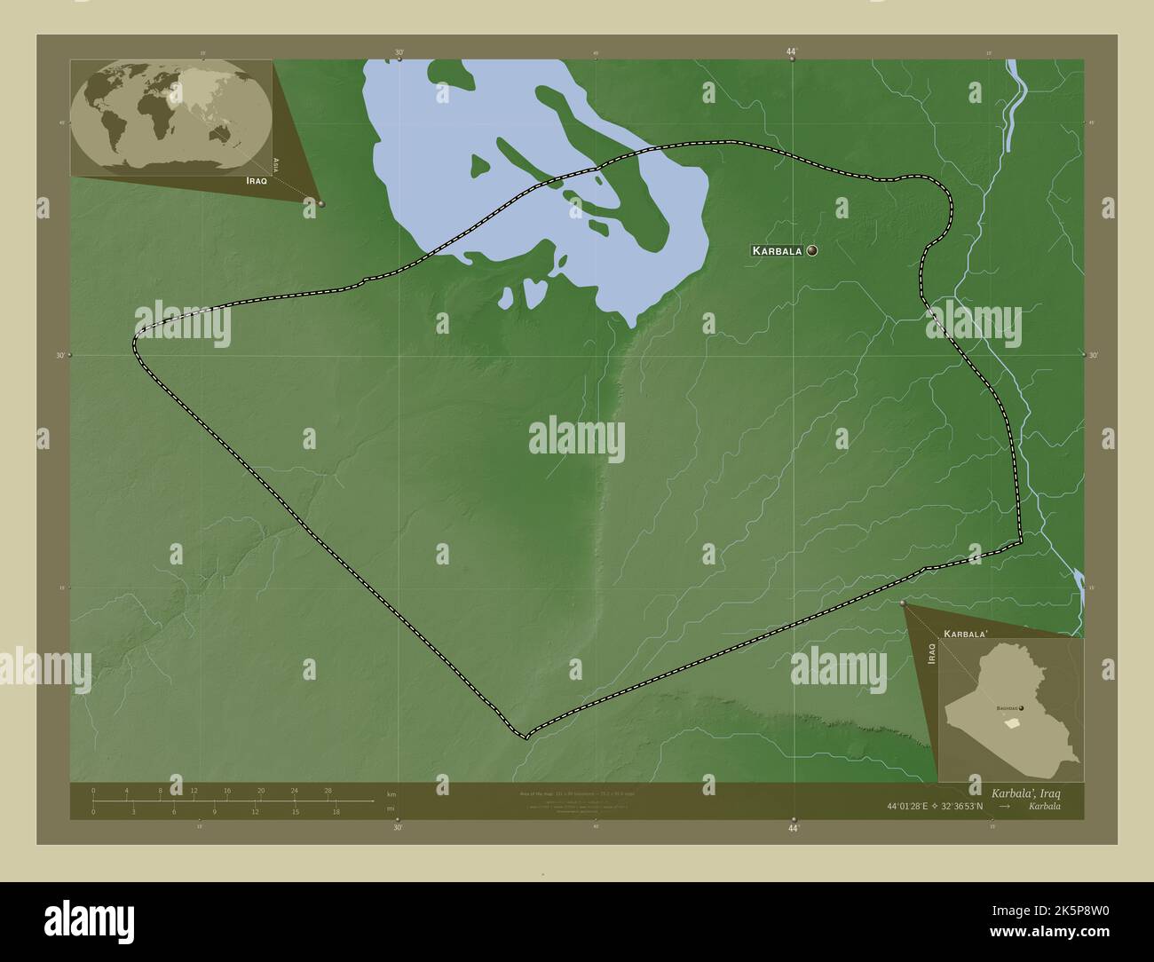 Karbala', province of Iraq. Elevation map colored in wiki style with lakes and rivers. Locations ...